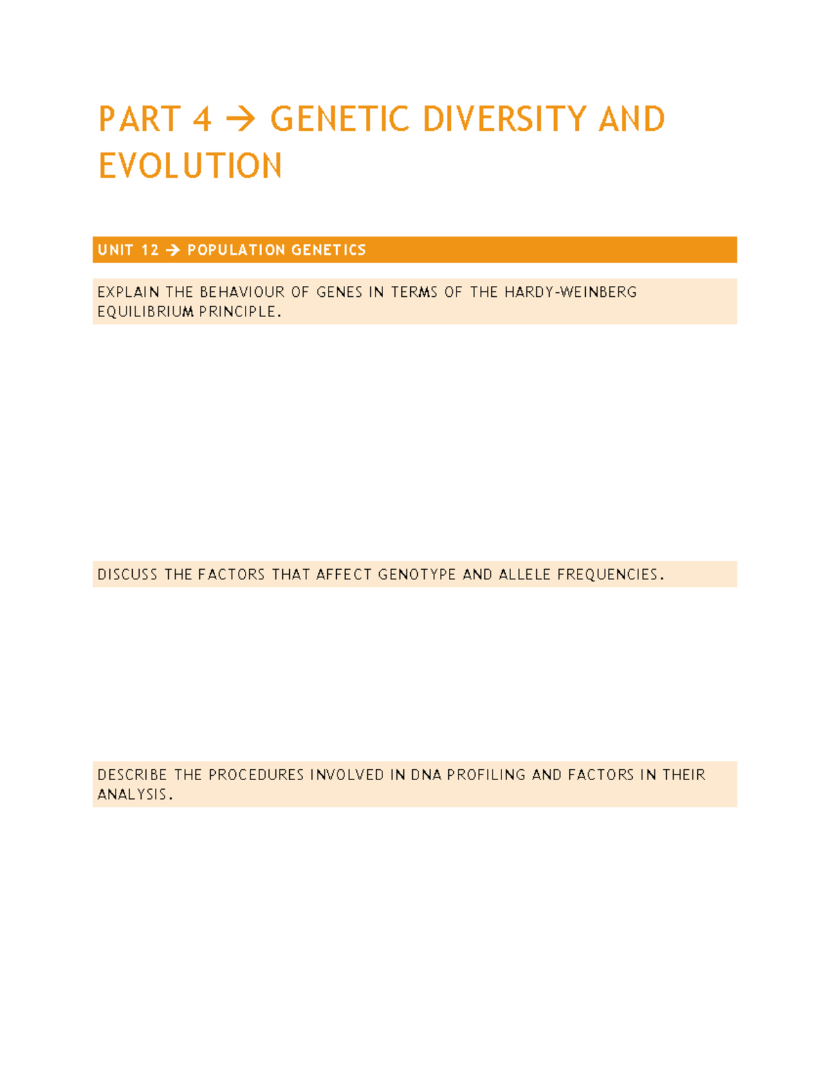 Part 4 Study Template - PART 4 GENETIC DIVERSITY AND EVOLUTION UNIT 12 ...