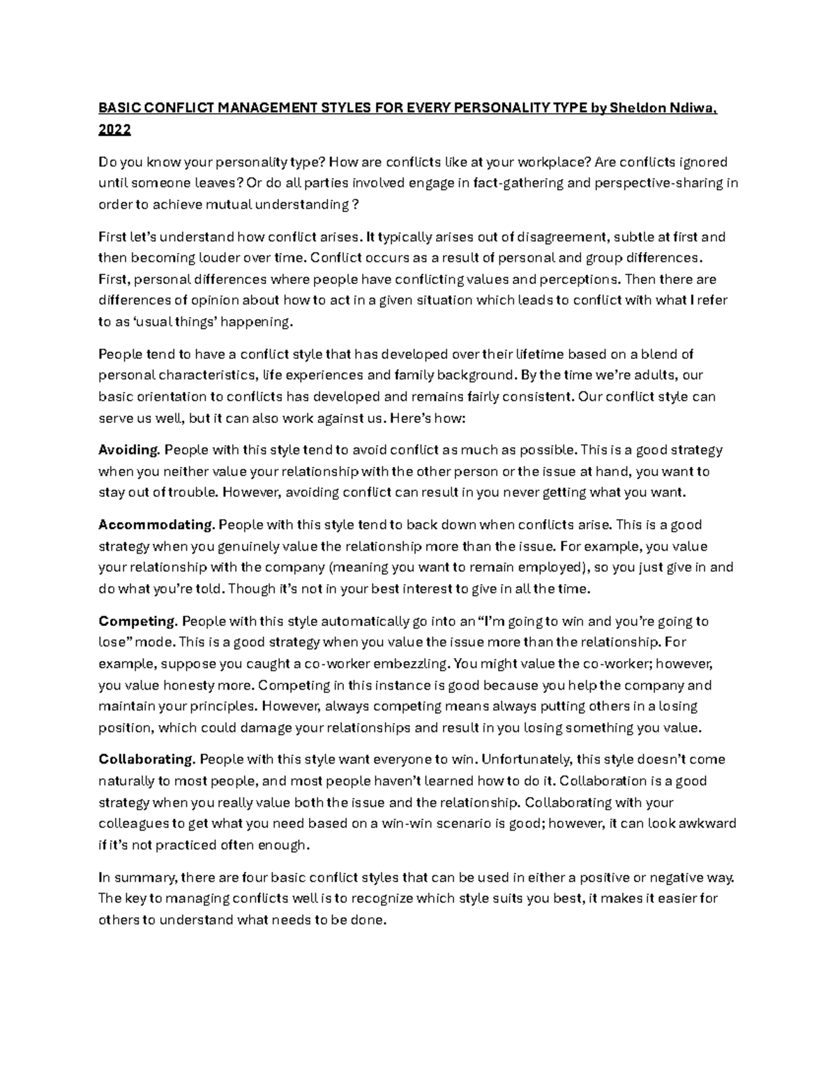 Basic Conflict Management Styles for Every Personality Type by Sheldon ...