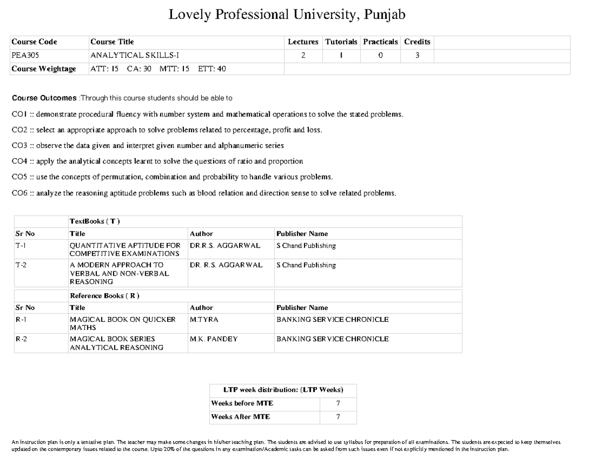 PEA305 Analytical Skills-I - Lovely Professional University, Punjab Course Code Course Title ...