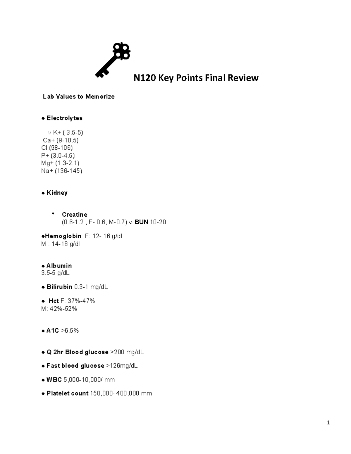 N120 Final - N120 Key Points Final Review Lab Values to Memorize ...