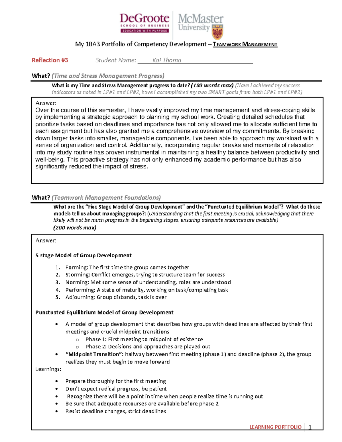 LP Reflection #3 - 1BA3 - Teamwork Management Template - LEARNING ...