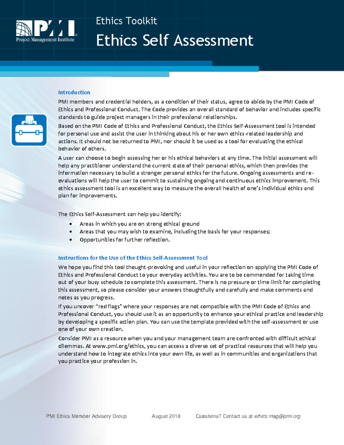 Ethics Self Assessment - PMI Ethics Member Advisory Group August 2018 ...