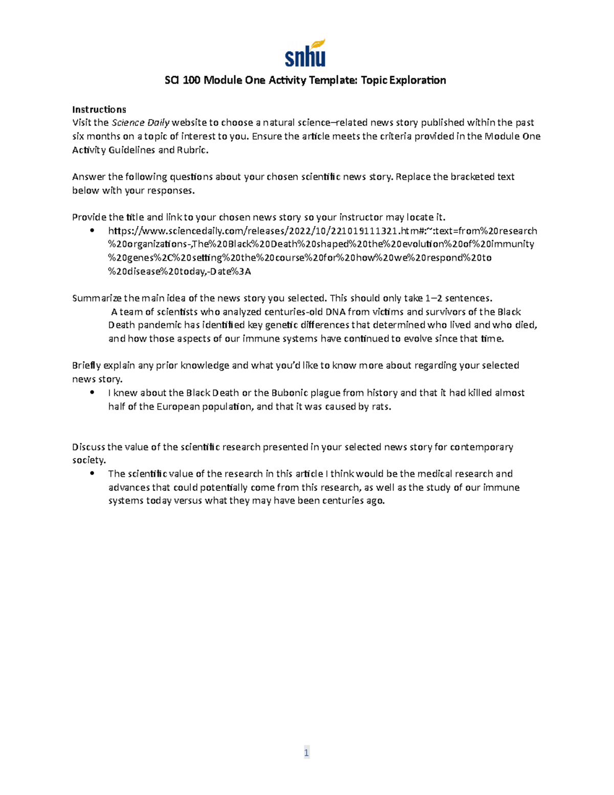 SCI 100 Module One Activity Template - Ensure the article meets the ...