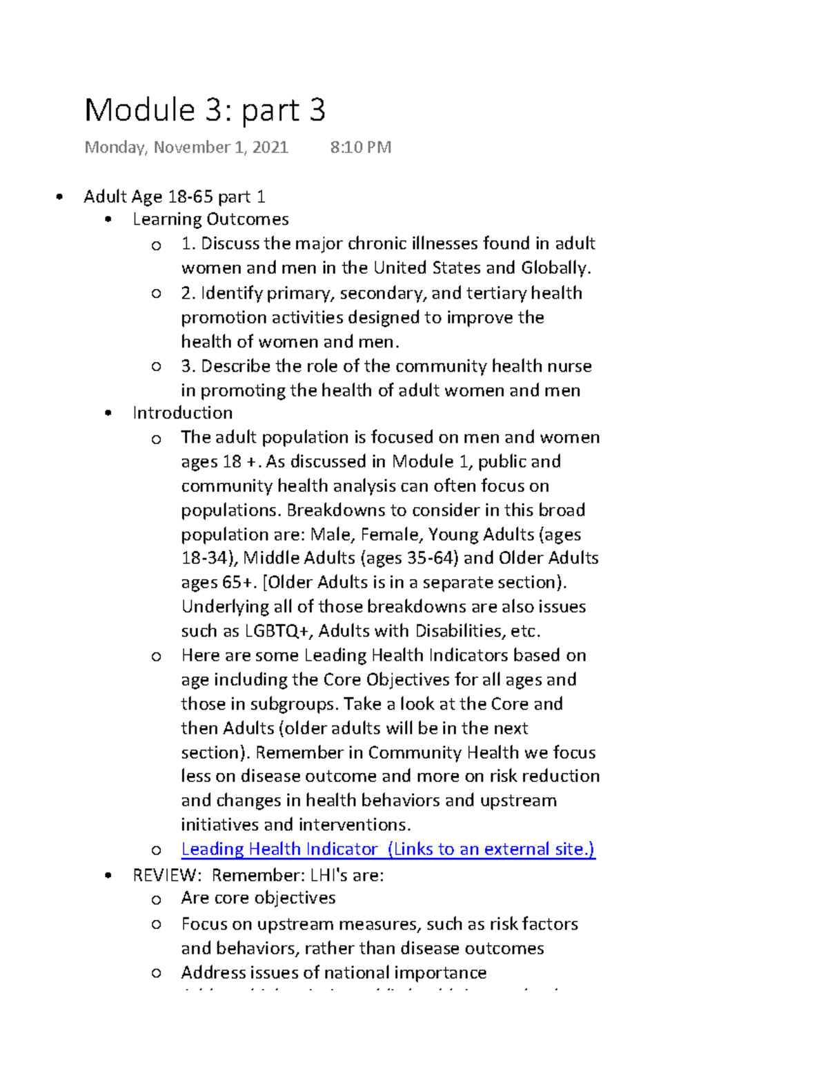 Module 3 part 3 - Spring 2022 - Adult Age 18-65 part 1 Learning Outcomes 1. Discuss the major ...