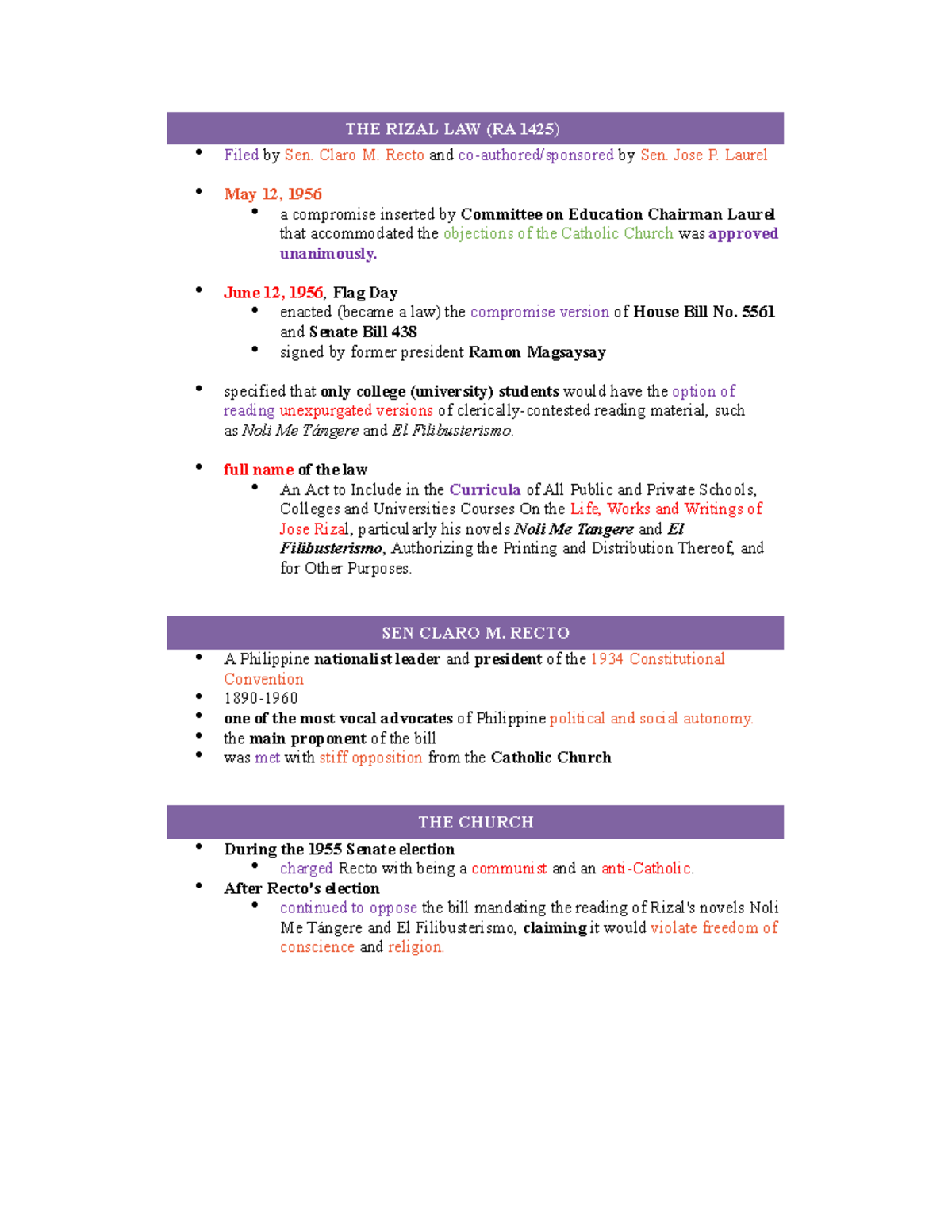 Rizal Law - THE RIZAL LAW (RA 1425) Filed by Sen. Claro M. Recto and co ...