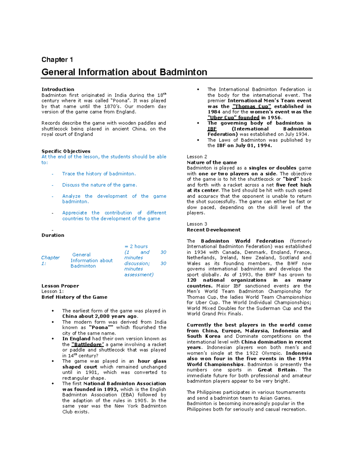 Badminton 1 2 Activity - Chapter 1 General Information about Badminton ...