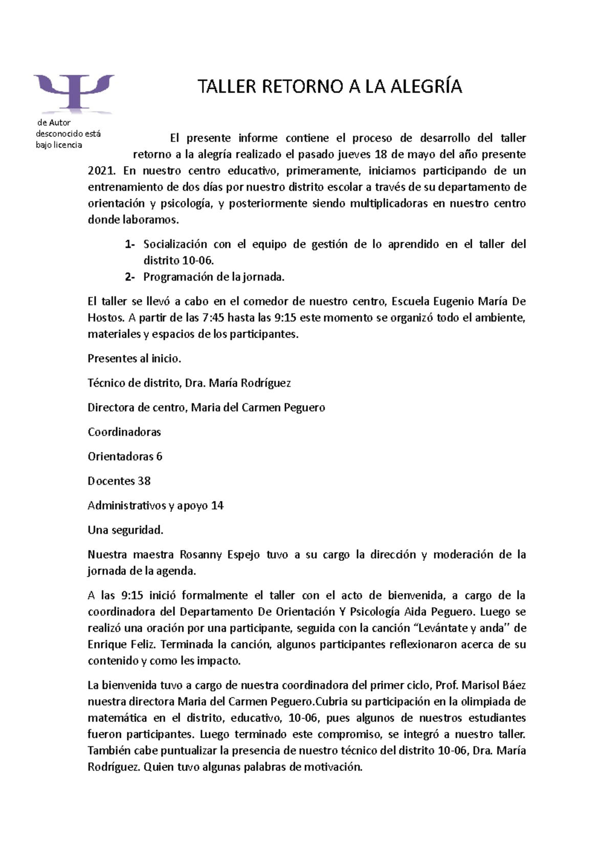 Taller Retorno A LA Alegría - TALLER RETORNO A LA ALEGRÍA El presente ...