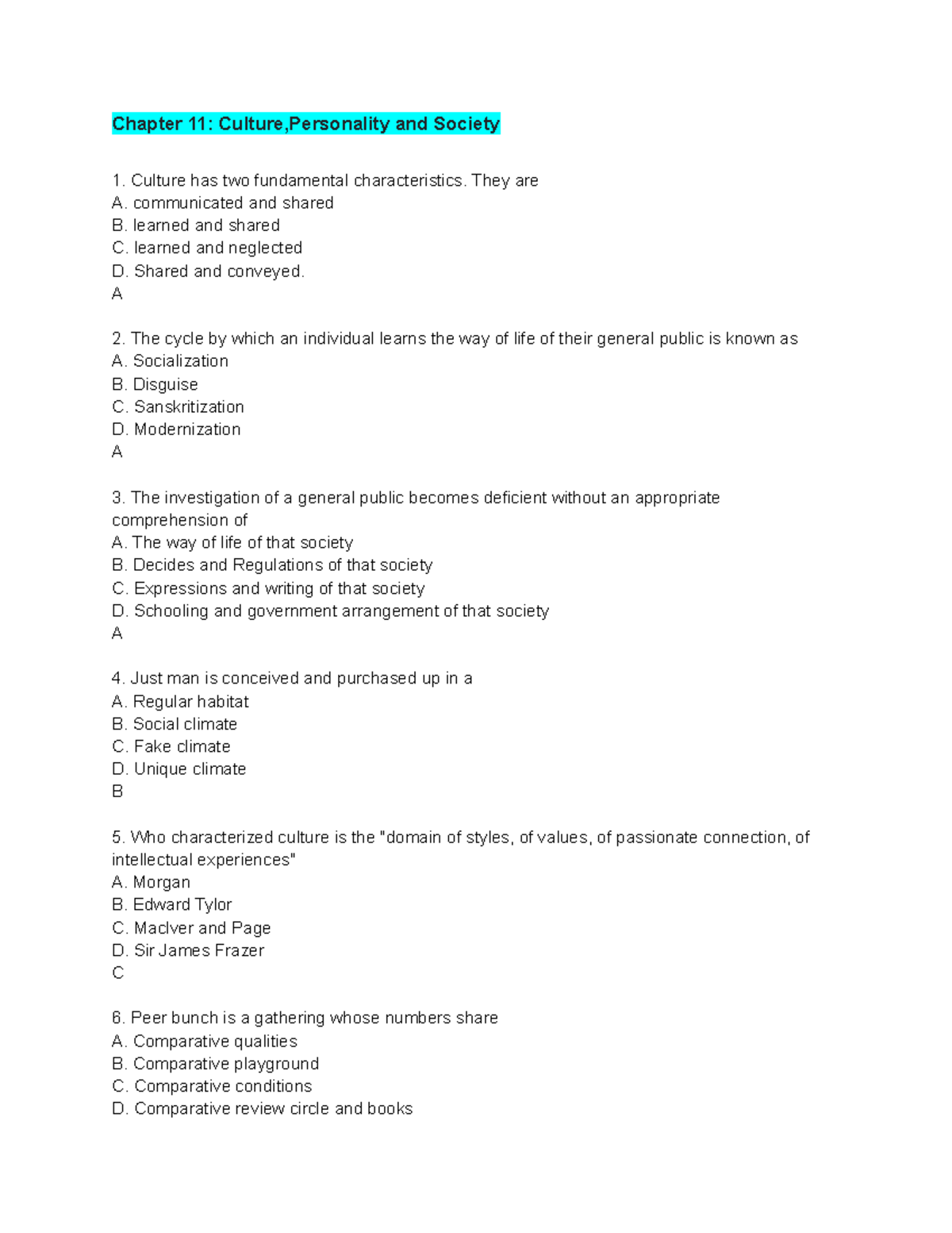 Chapter 11 Culture,Personality and Society - Chapter 11: Culture ...