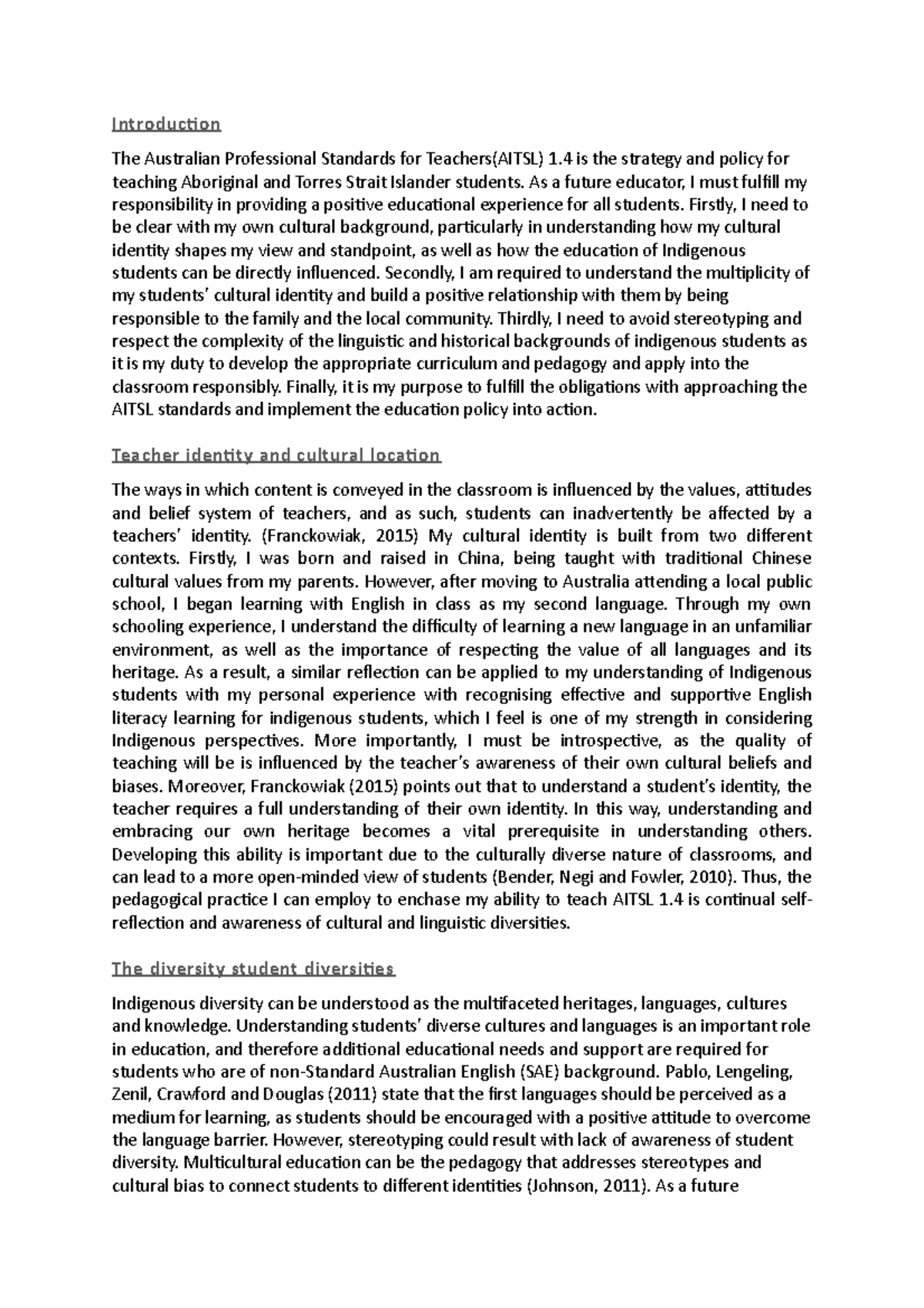 Policy Standpoint - edst1108 essay - Introducti on The Australian ...