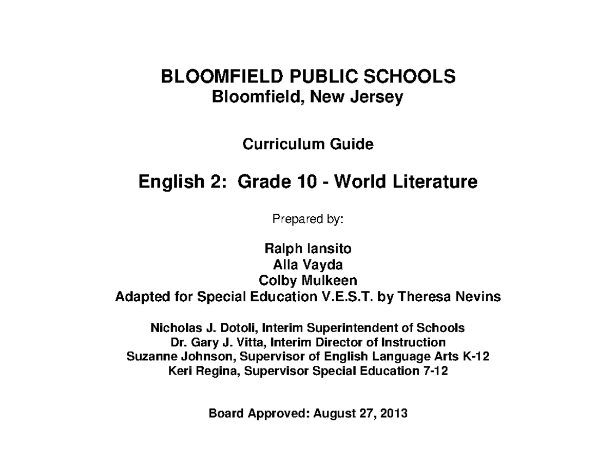 English II World Literature Grade 10 Adapted for Special Education VEST ...