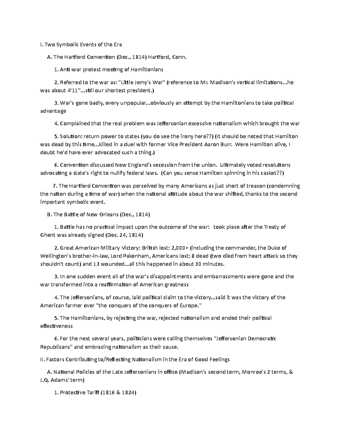 ERA OF GOOD Feelings Notes - I. Two Symbolic Events of the Era A. The ...