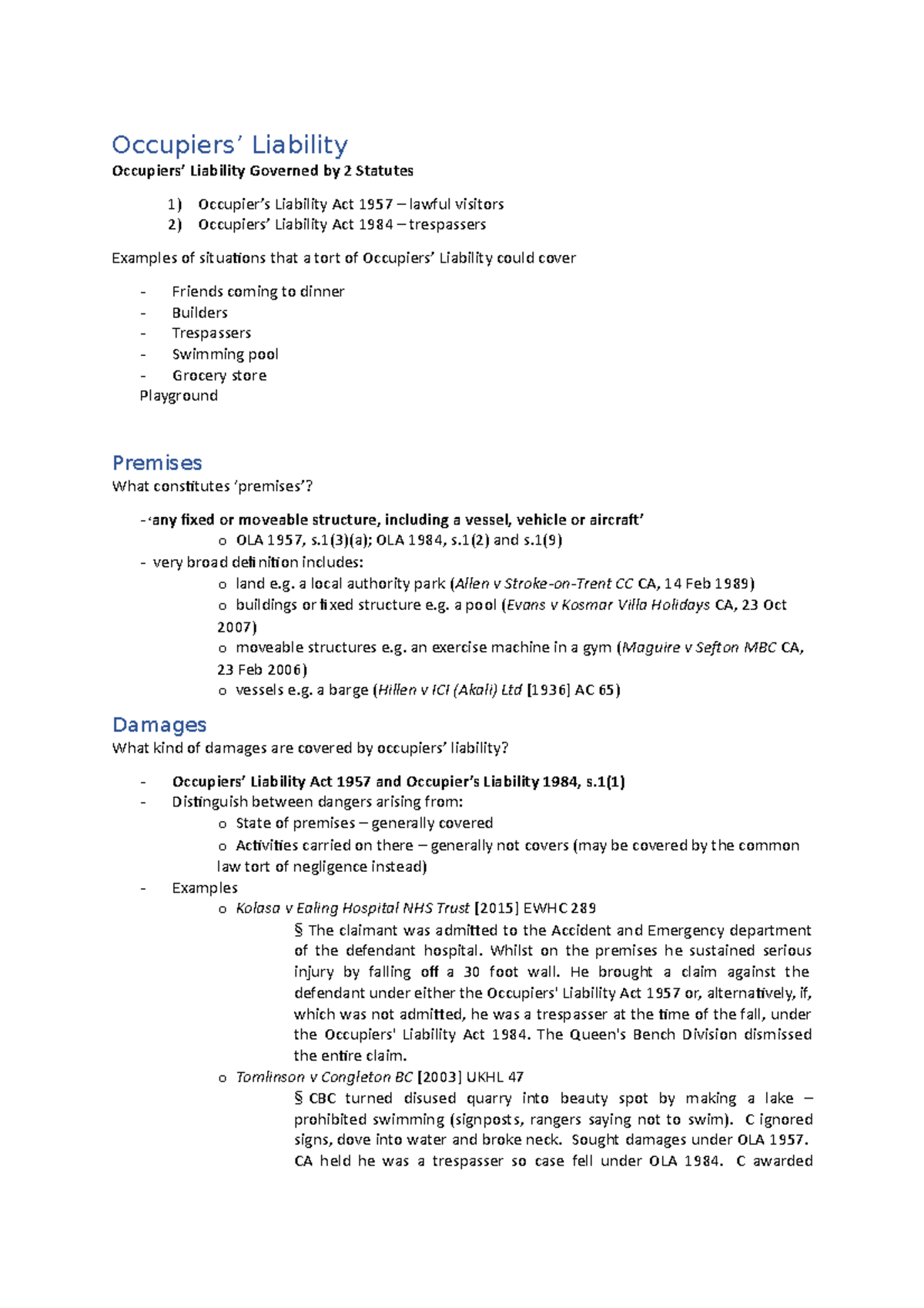 Occupier liability notes - Occupiers’ Liability Occupiers’ Liability ...