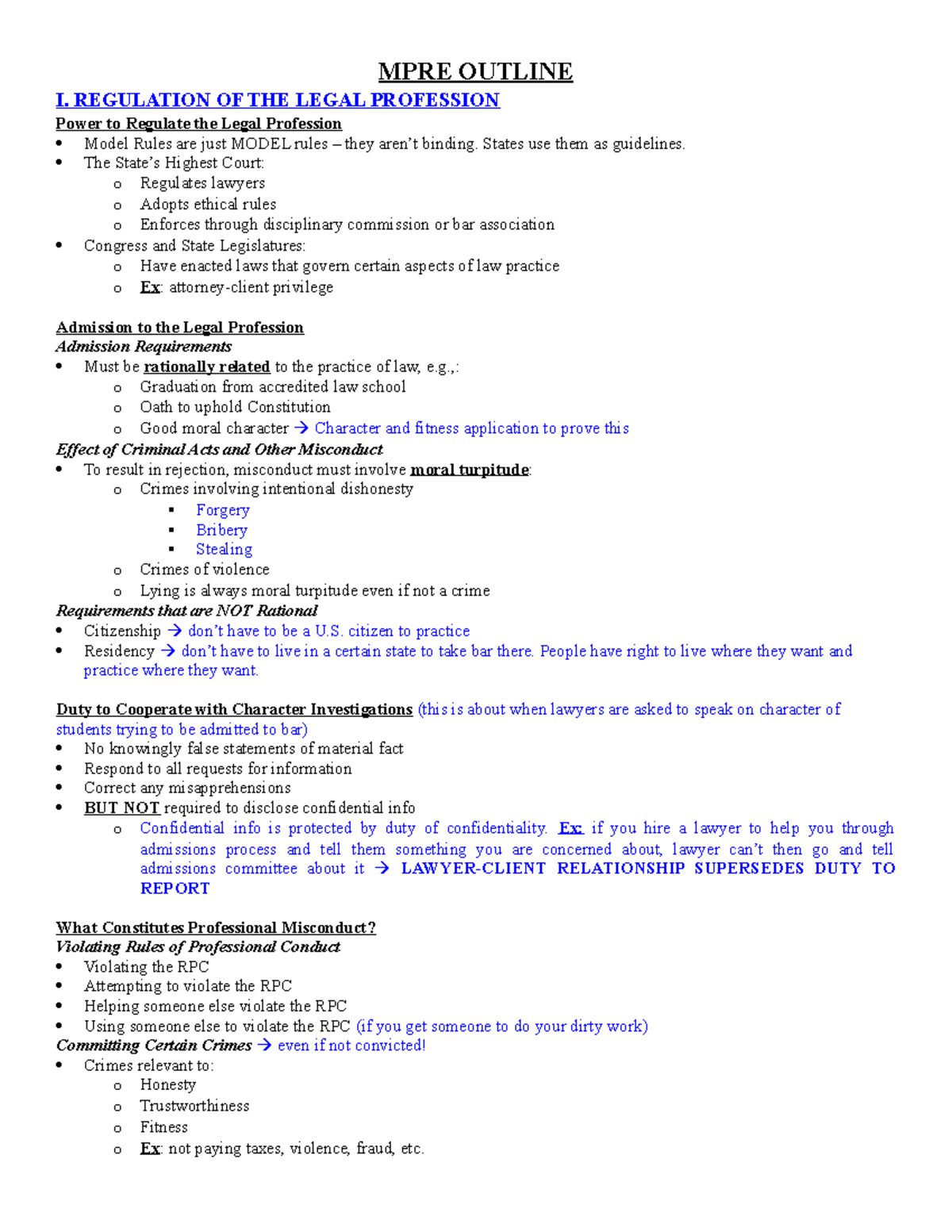 MPRE Outline - MPRE OUTLINE I. REGULATION OF THE LEGAL PROFESSION Power ...