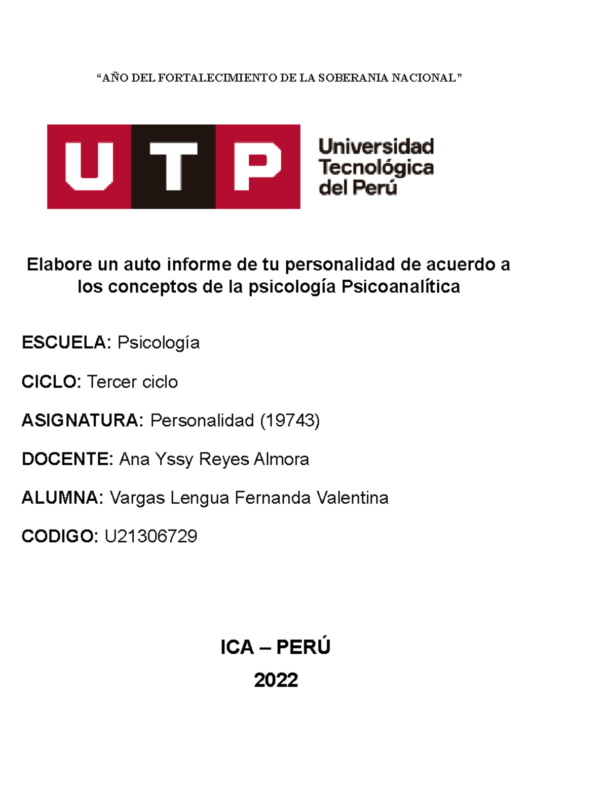 Autoanálisis psicoanalítico de la personalidad Fernanda Vargas Lengua ...