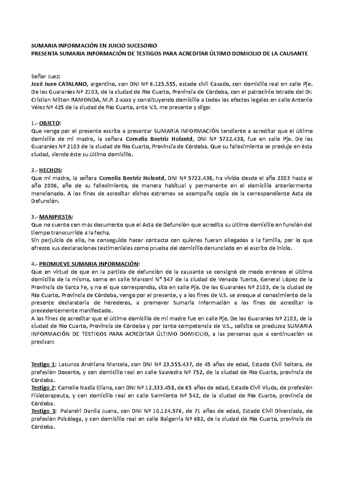 Sumaria Información EN Juicio Sucesorio - Modelo - SUMARIA INFORMACIÓN ...