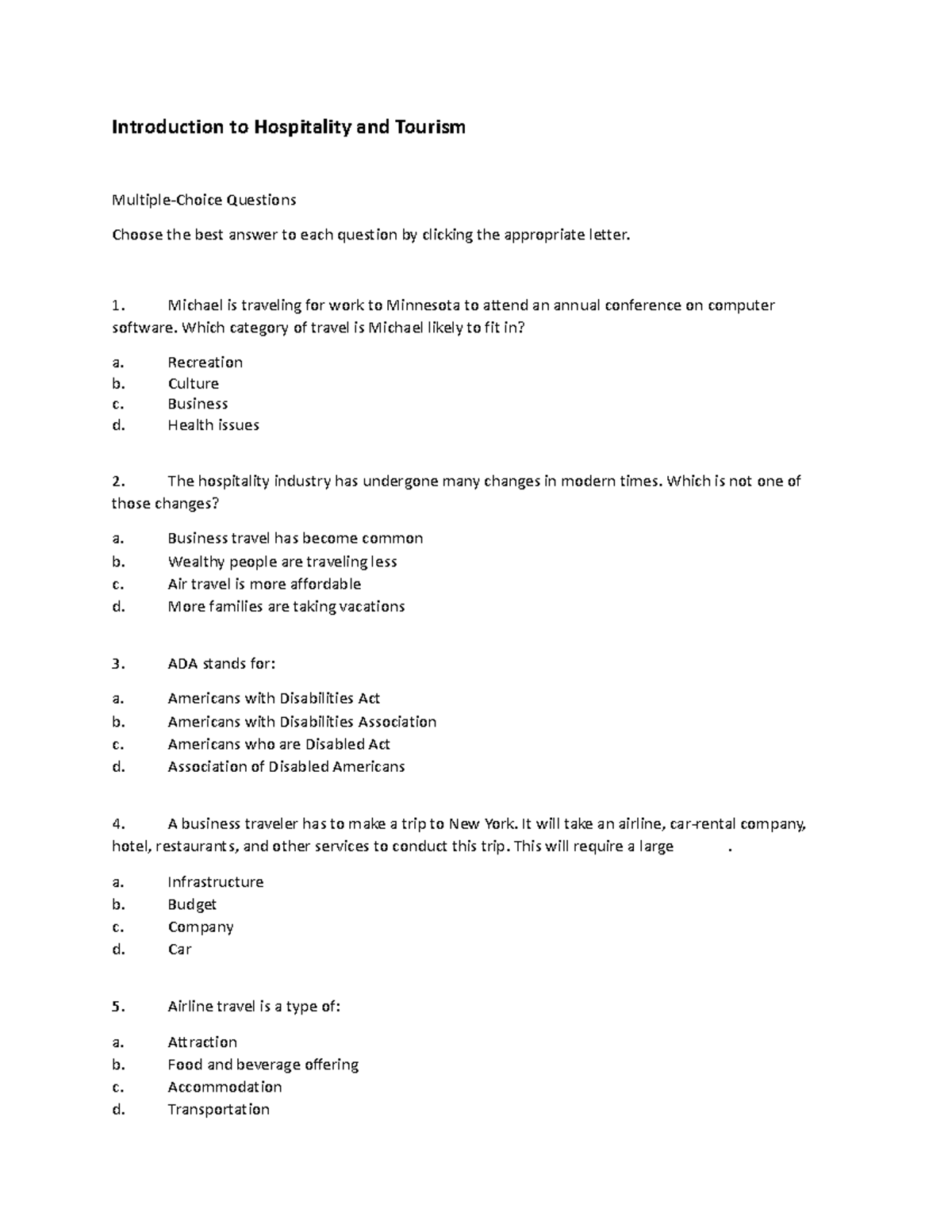 Hospitality WORK Sheets 1 - Introduction to Hospitality and Tourism ...