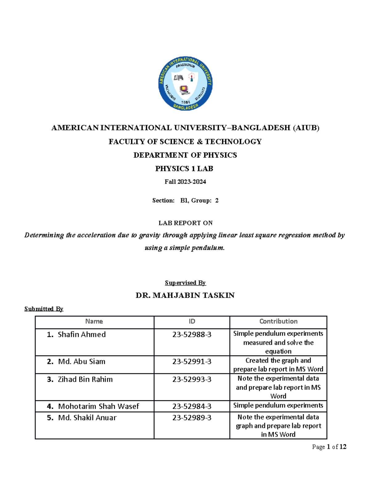 Physics Lab 1 - AMERICAN INTERNATIONAL UNIVERSITY–BANGLADESH (AIUB ...