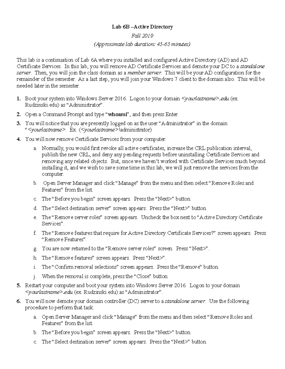 Lab 6B - Active Directory - Lab 6B –Active Directory Fall 2019 ...