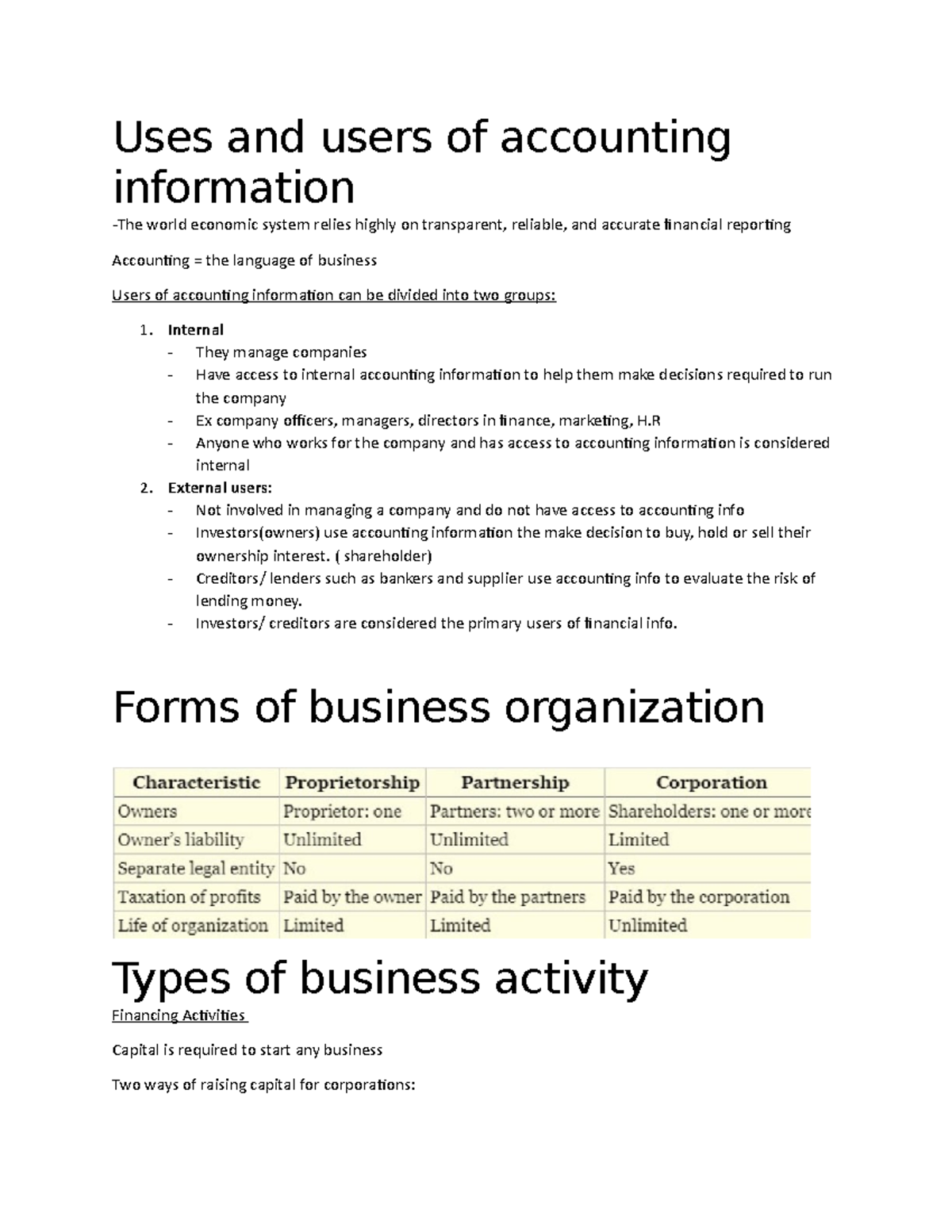 Chapter one - accounting notes - Uses and users of accounting ...