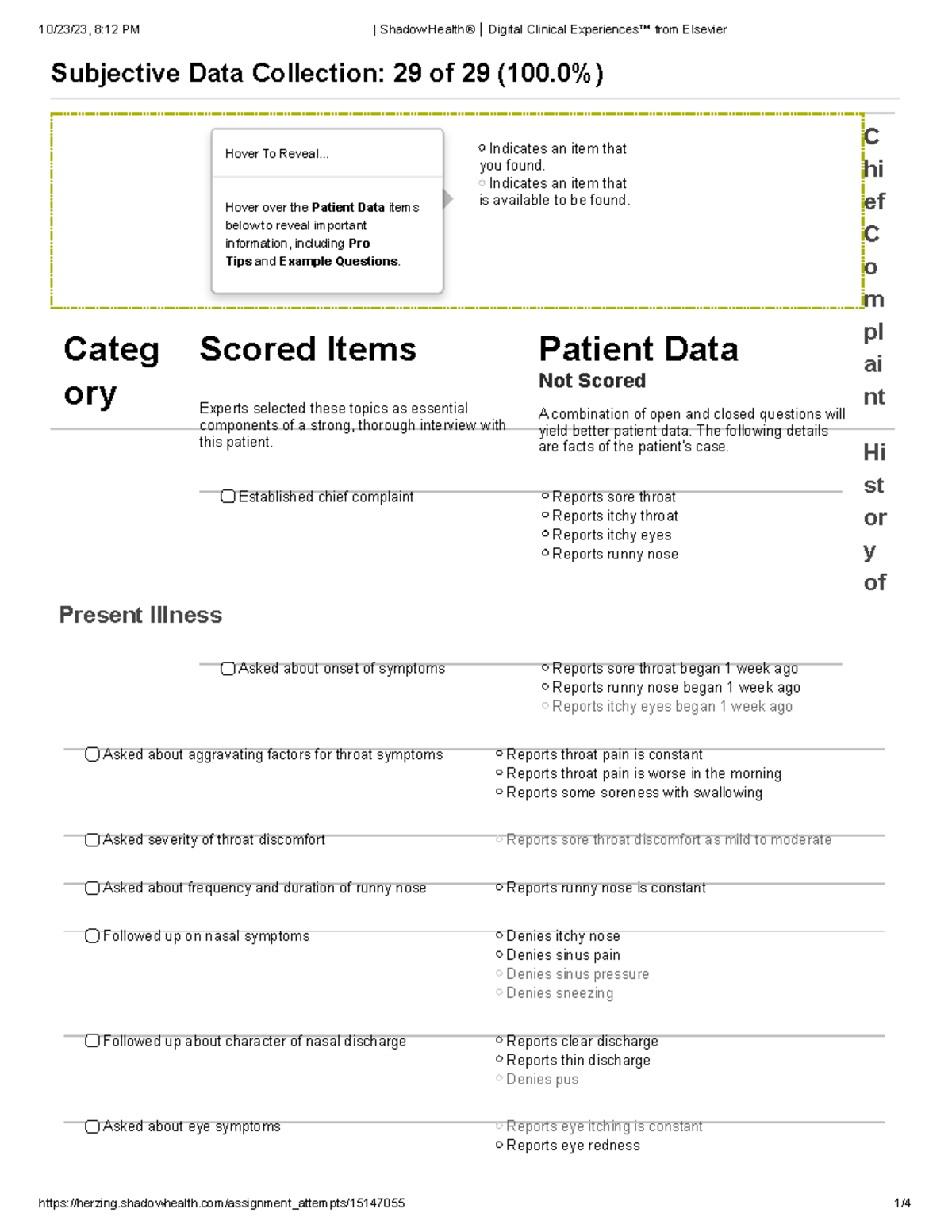 Shadow Health® │ Heent - Assignment - Subjective Data Collection: 29 of ...