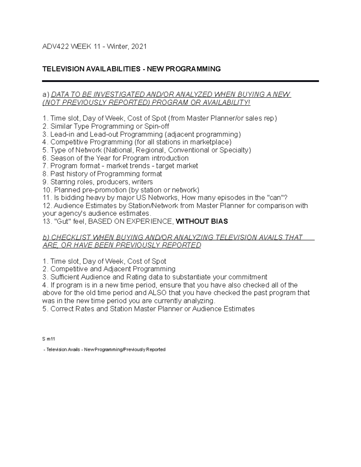ADV422 New Program analysis - ADV422 WEEK 11 - Winter, 2021 TELEVISION ...