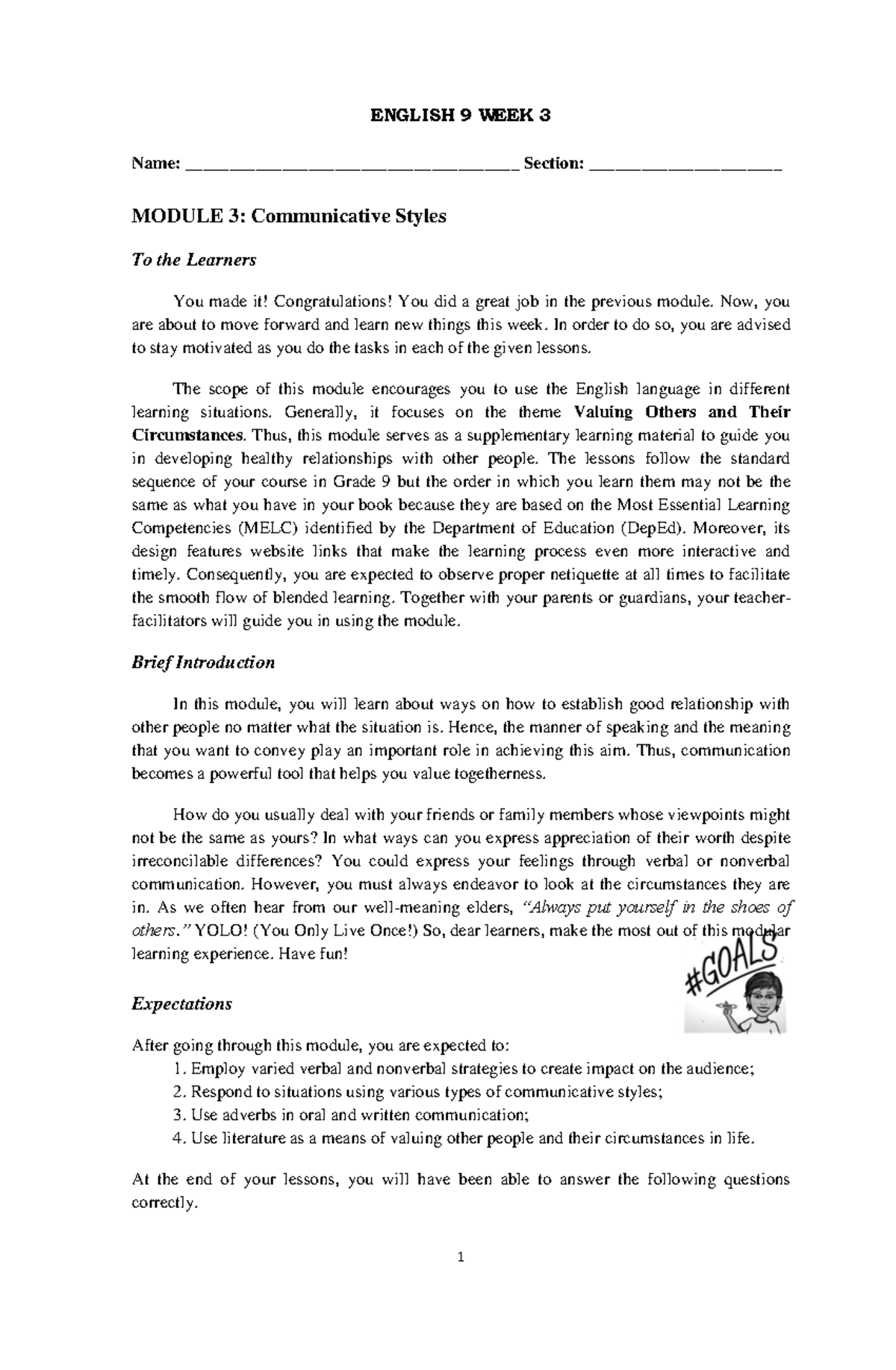 English 9 Week 3 - Lecture notes 3 - ENGLISH 9 WEEK 3 Name