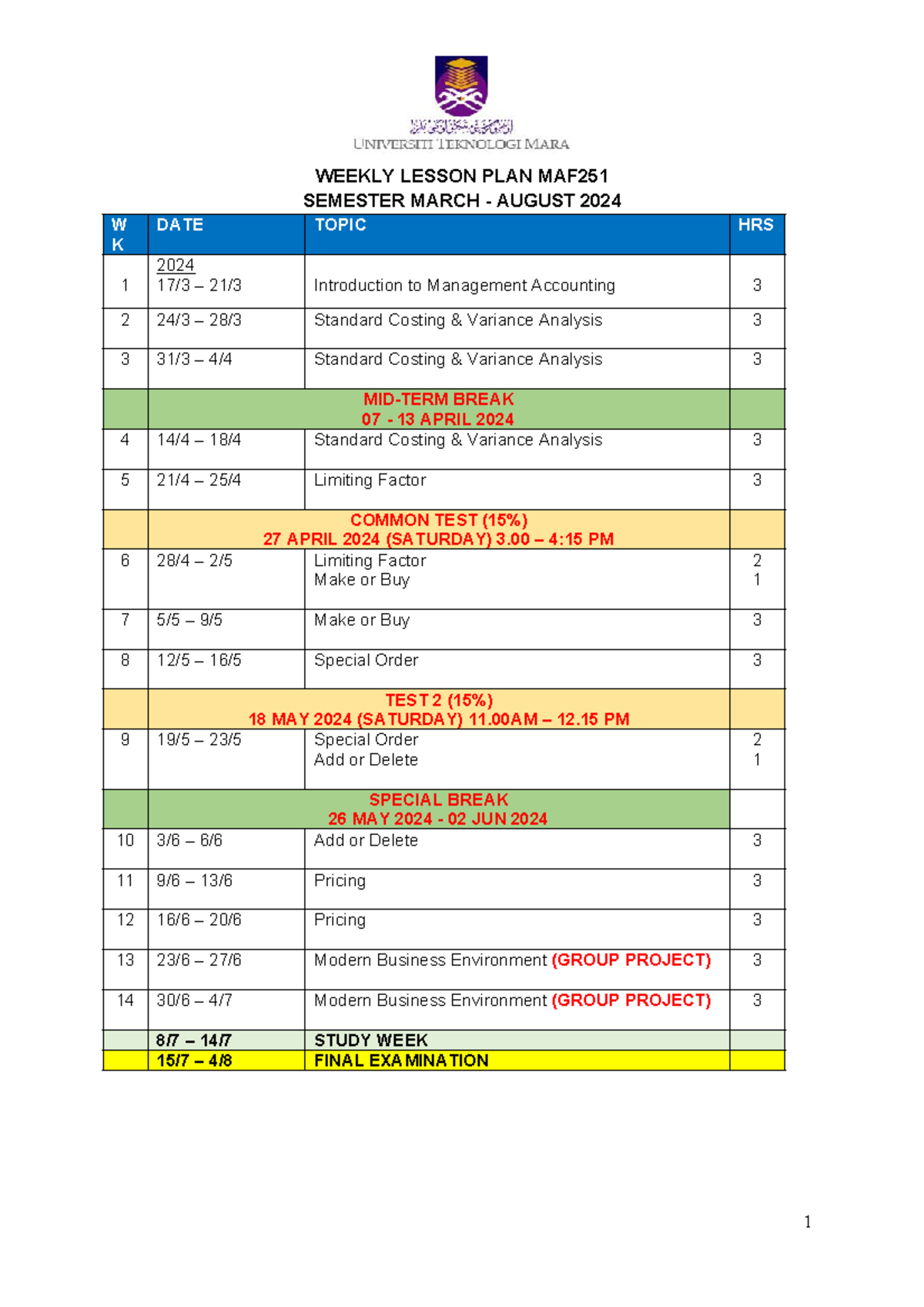 WLP MAF251 MAR 2024 - 1 WEEKLY LESSON PLAN MAF SEMESTER MARCH - AUGUST 2024 W K DATE TOPIC HRS 1 ...