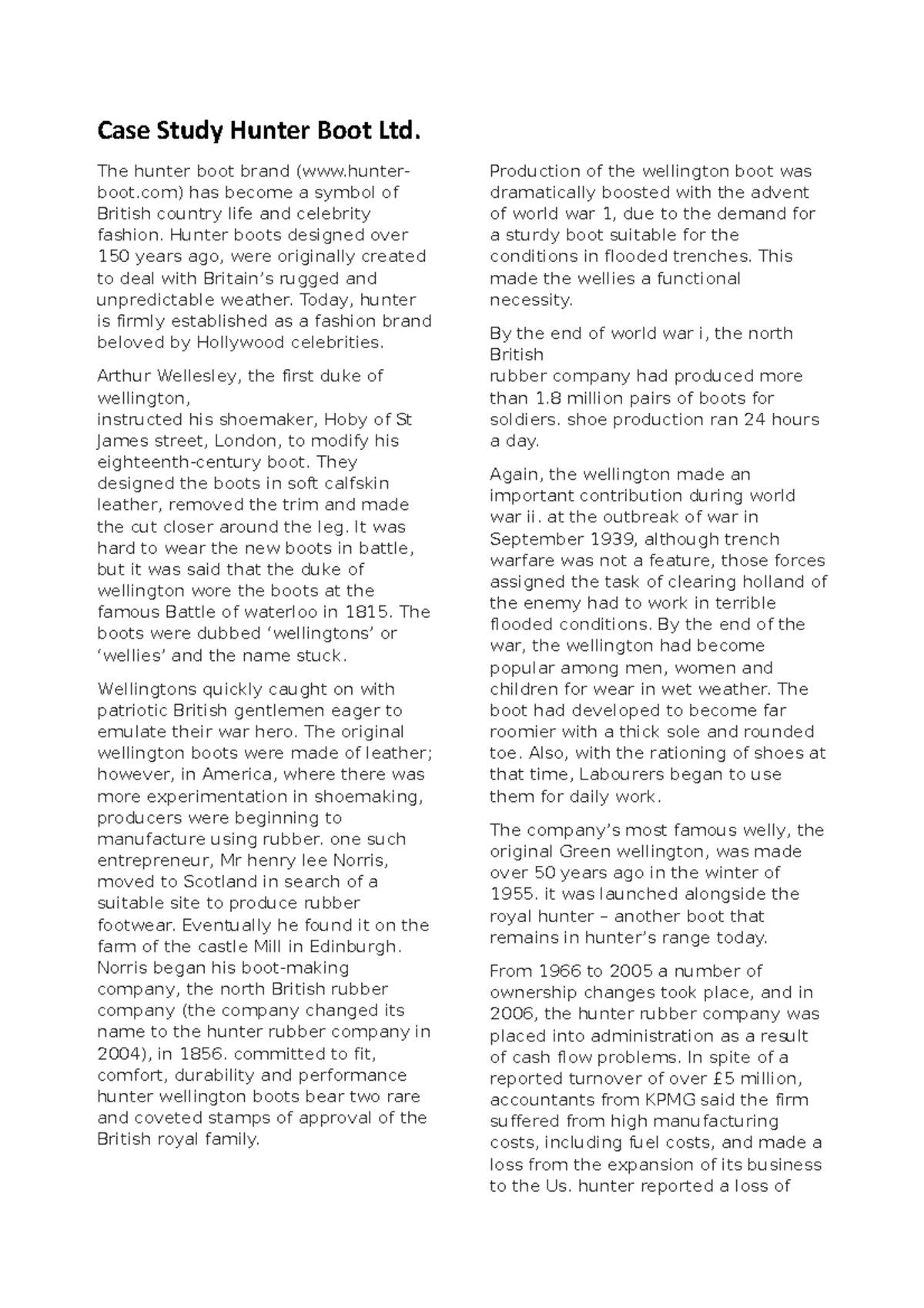 Assignment 1 - Case study Hunter Boots - Case Study Hunter Boot Ltd ...