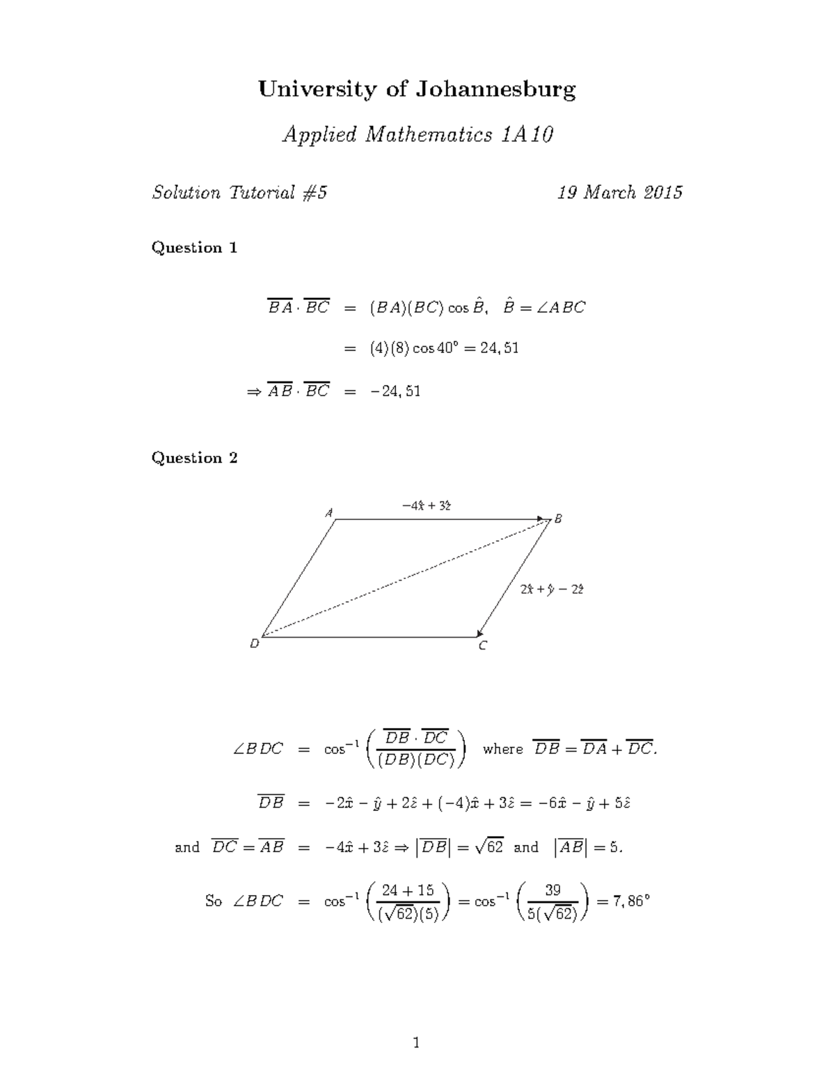 Tut5apm1a1015 Sol - Applied Mathematics 1A10 Solution Tutorial #5 19 ...