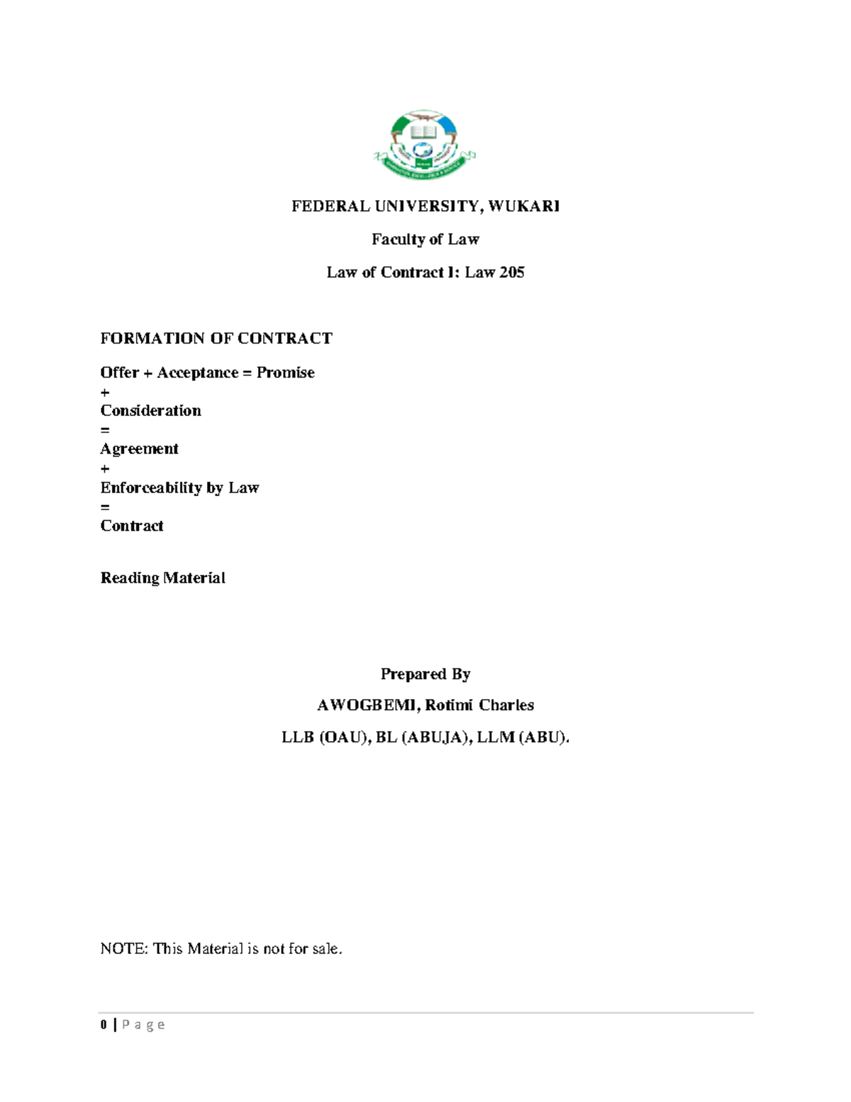 Formation of Contract Note - FEDERAL UNIVERSITY, WUKARI Faculty of Law ...