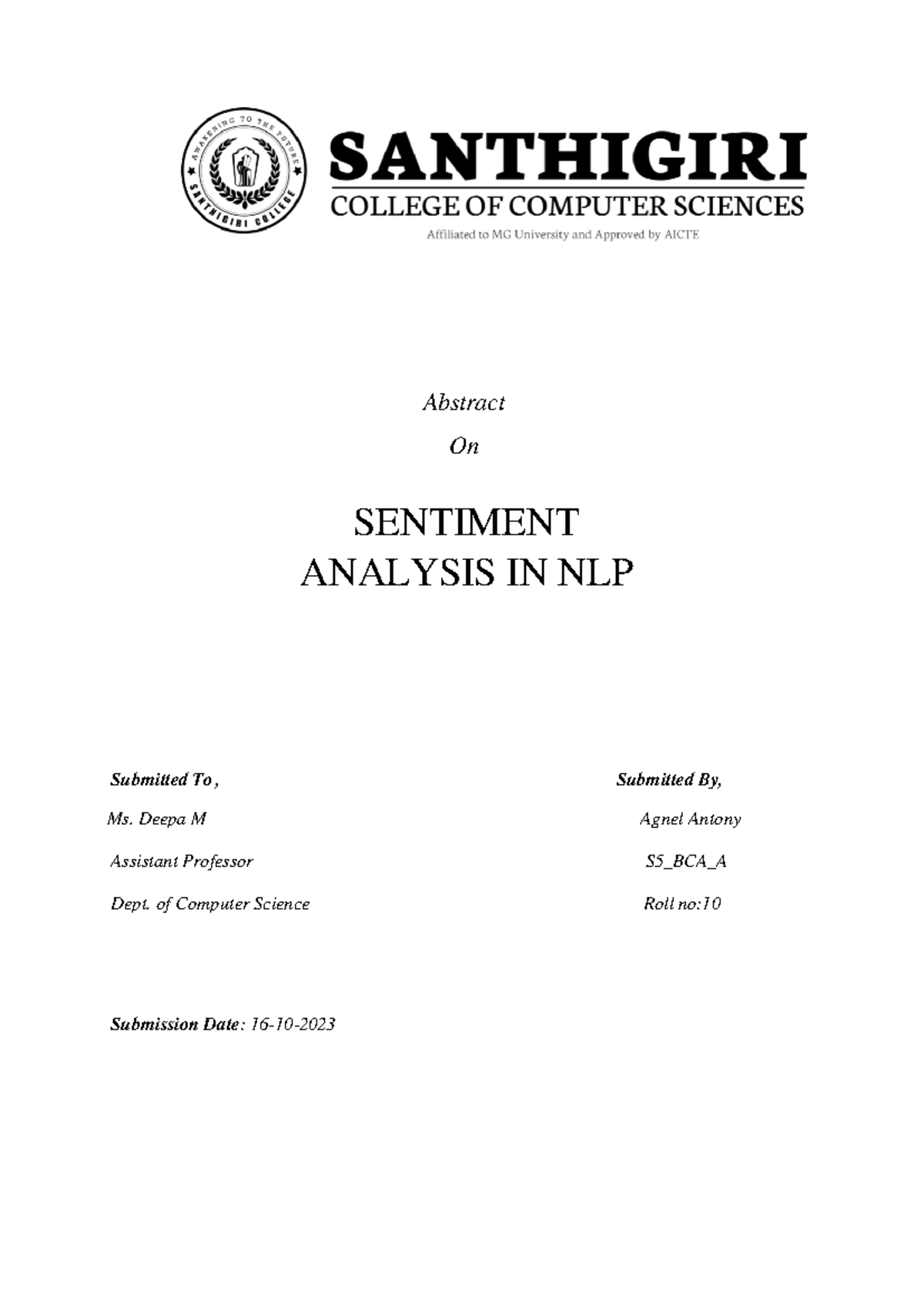 10 Agnel Antony Seminarabstract - Abstract On SENTIMENT ANALYSIS IN NLP ...