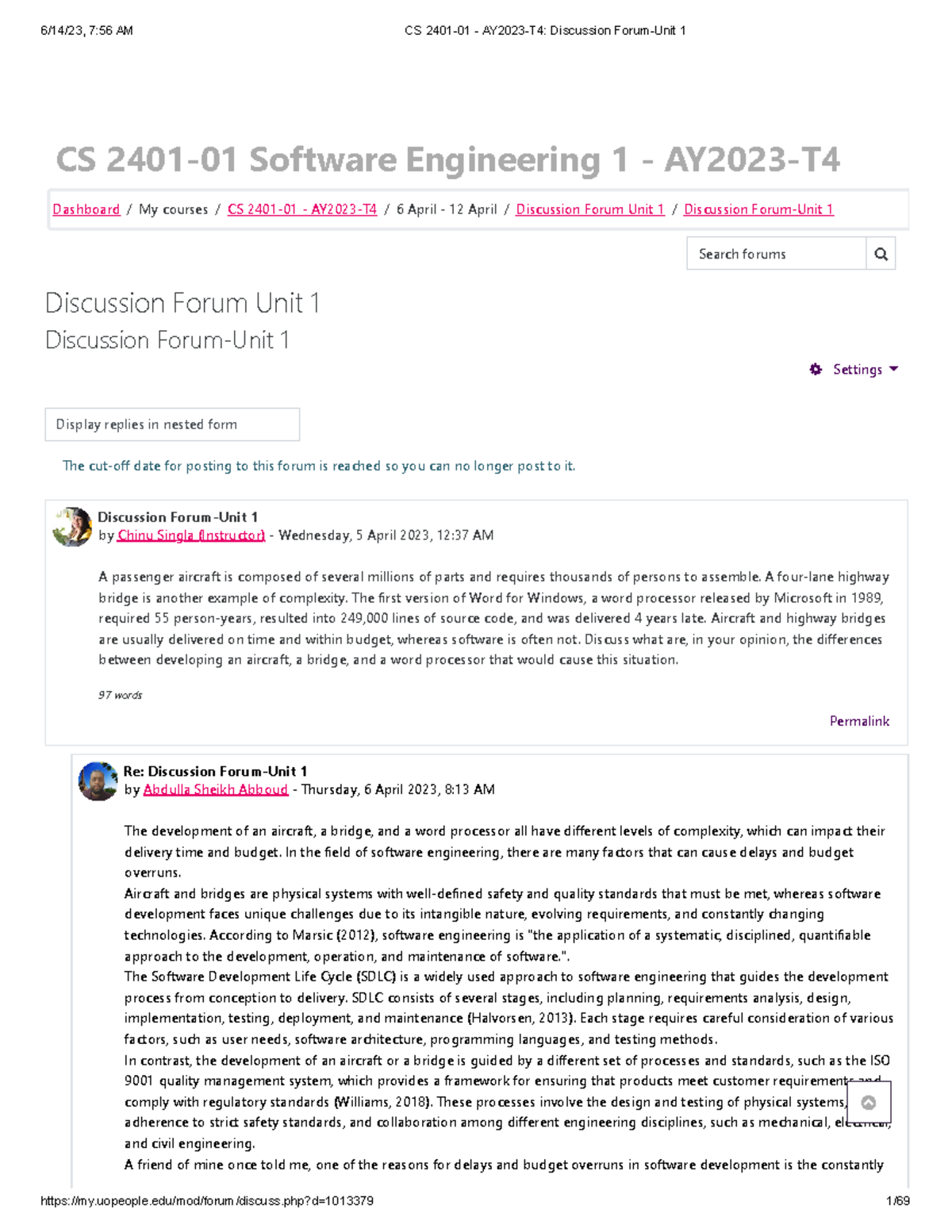 Discussion forum 1 - CS 2401-01 Software Engineering 1 - AY2023-T Search forums Discussion Forum ...