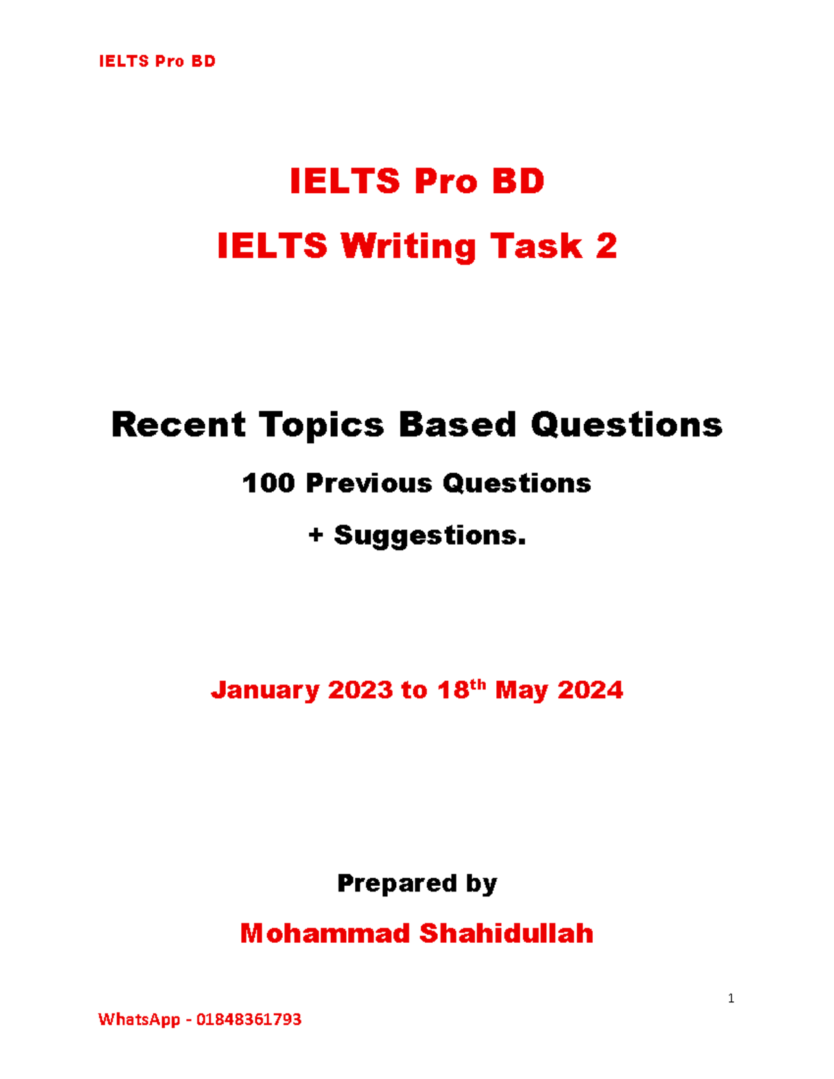 Writing Task 2 Recent Questions - ####### 1 IELTS Pro BD IELTS Writing ...