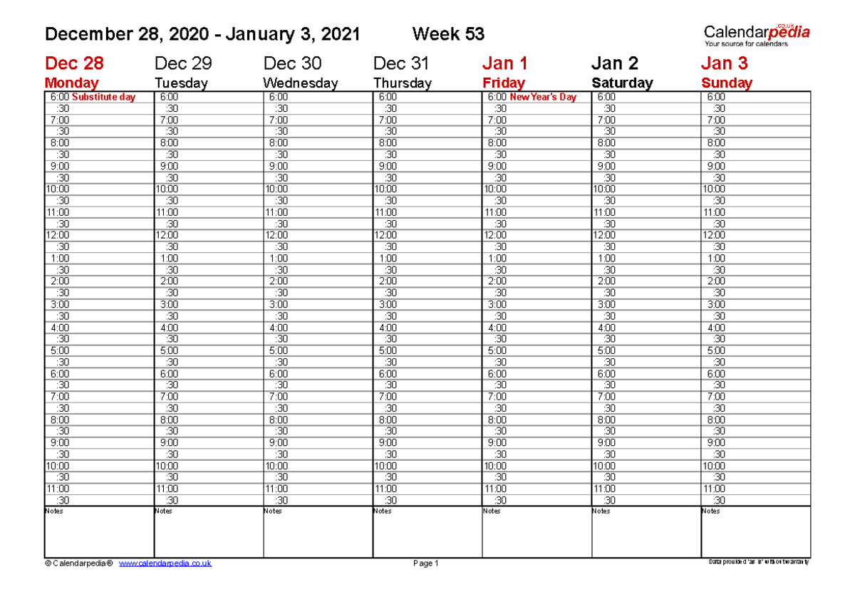 Weekly calendar 2021 landscape time management 30 minutes - Monday ...
