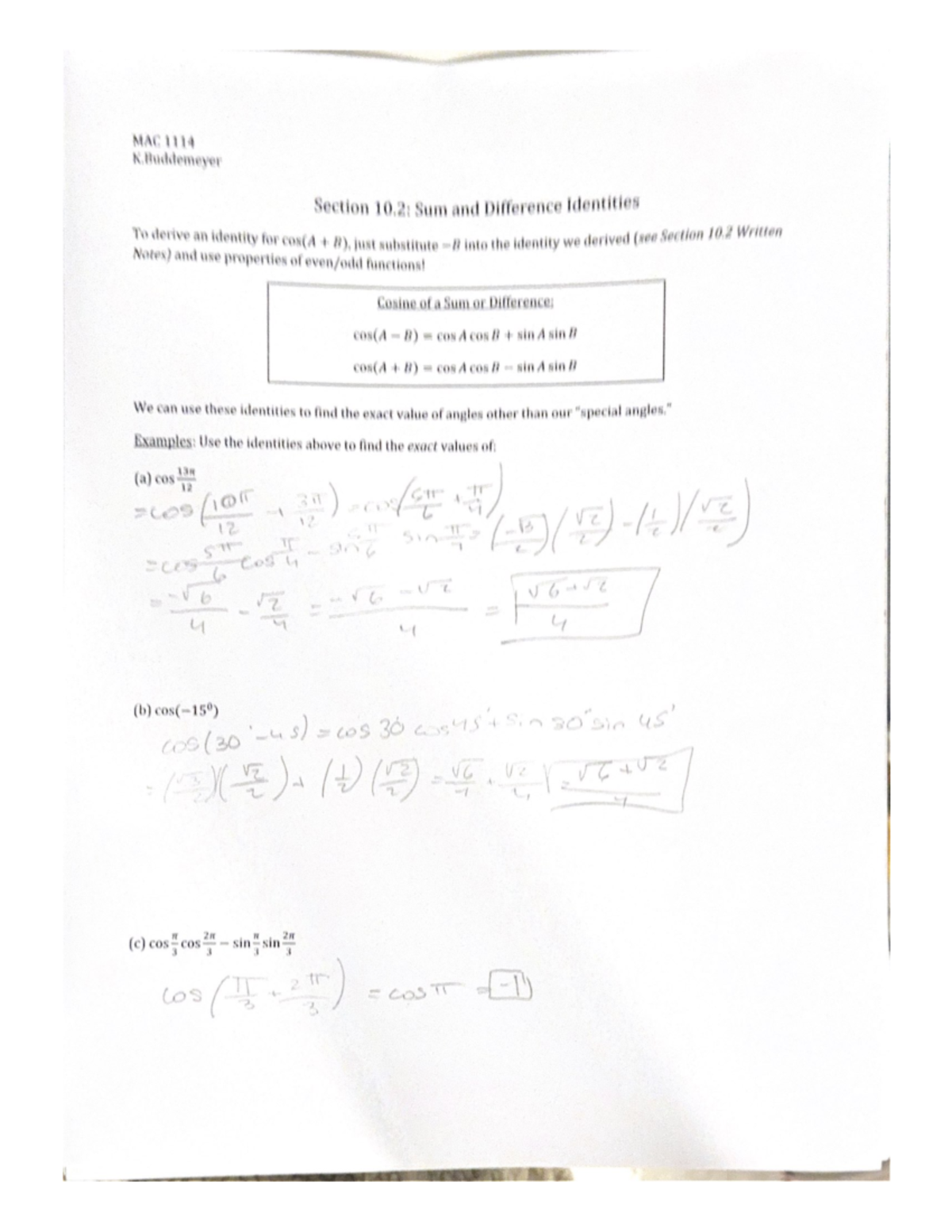 Section 10.2 Sum and Difference Identities - MAC 1147 - Studocu