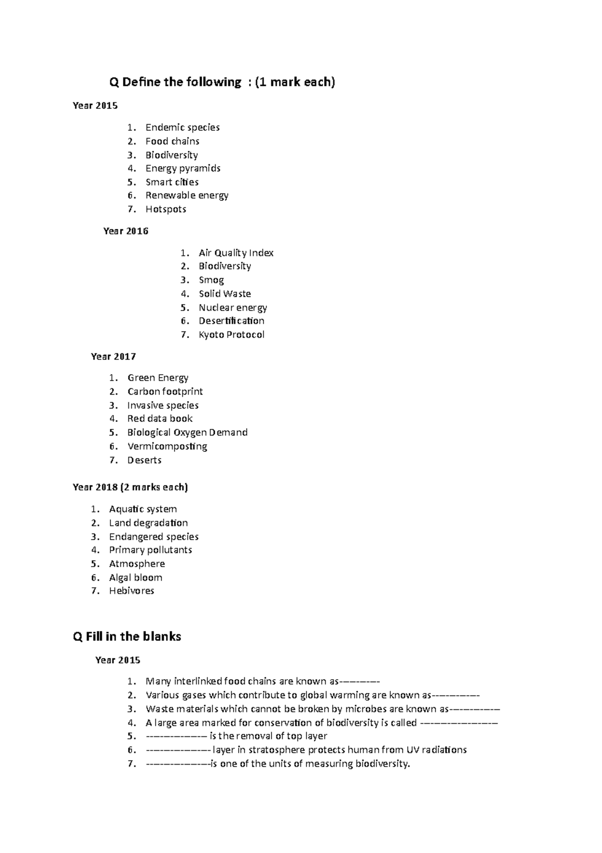 Evs question paper - Q Define the following : (1 mark each) Year 2015 ...