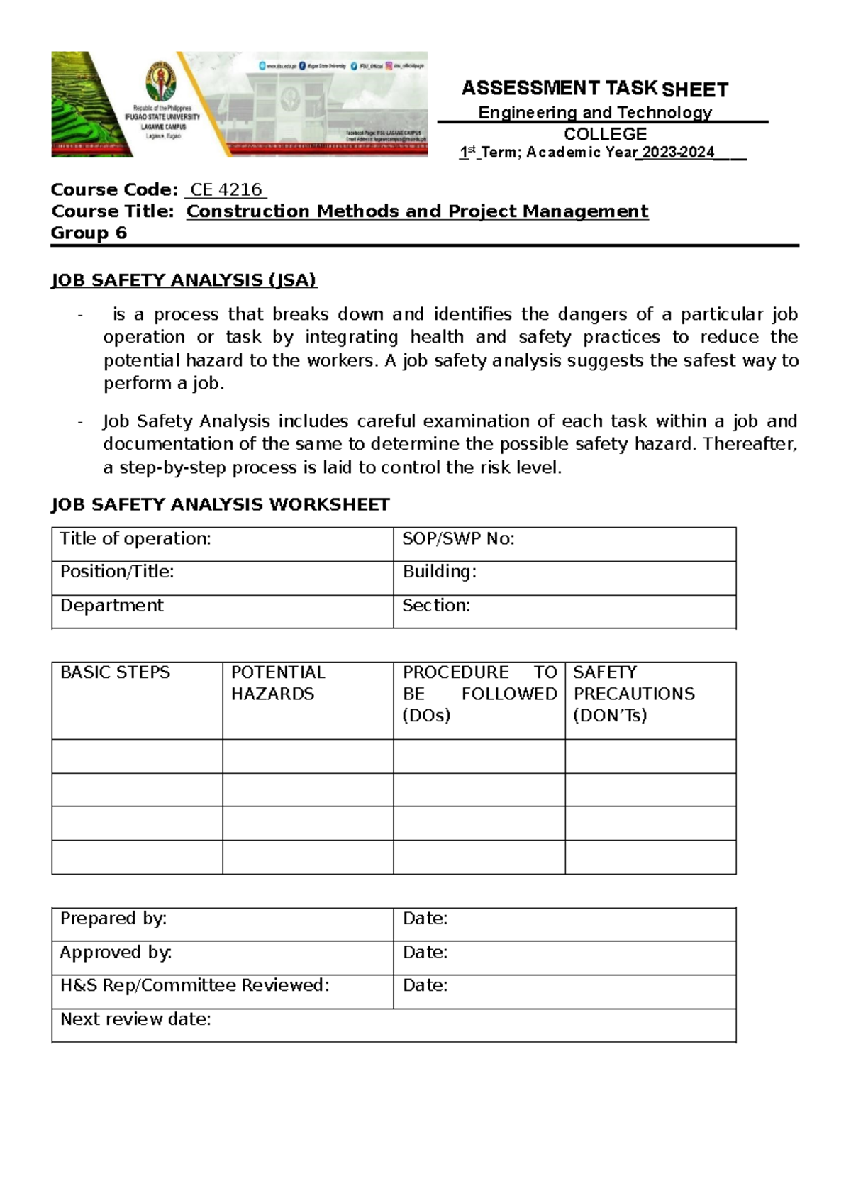 Group 6 Reports COSH - Course Code: CE 4216 Course Title: Construction ...