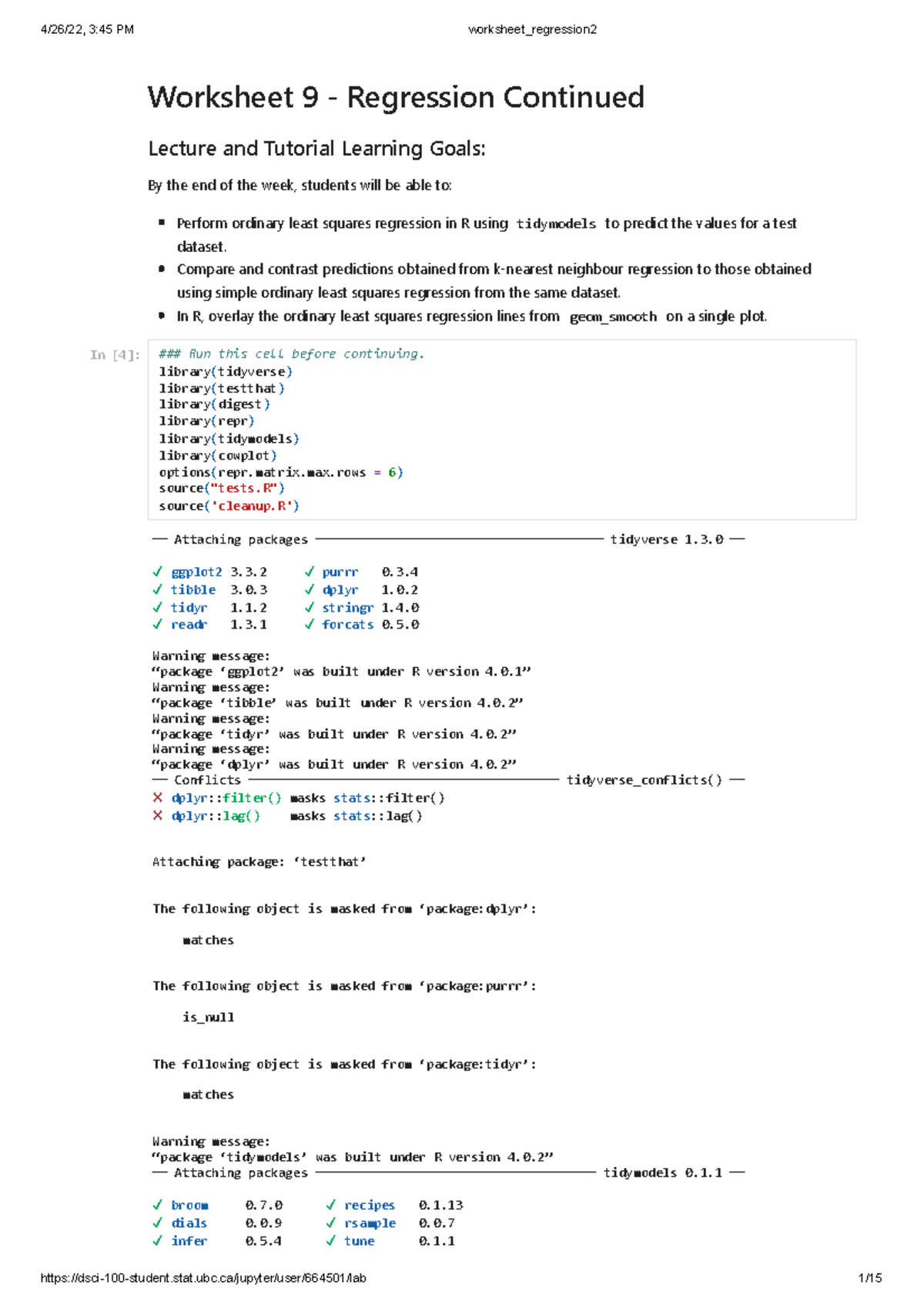 Worksheets - Enjoy! - Worksheet 9 - Regression Continued Lecture and Tutorial Learning Goals: By ...