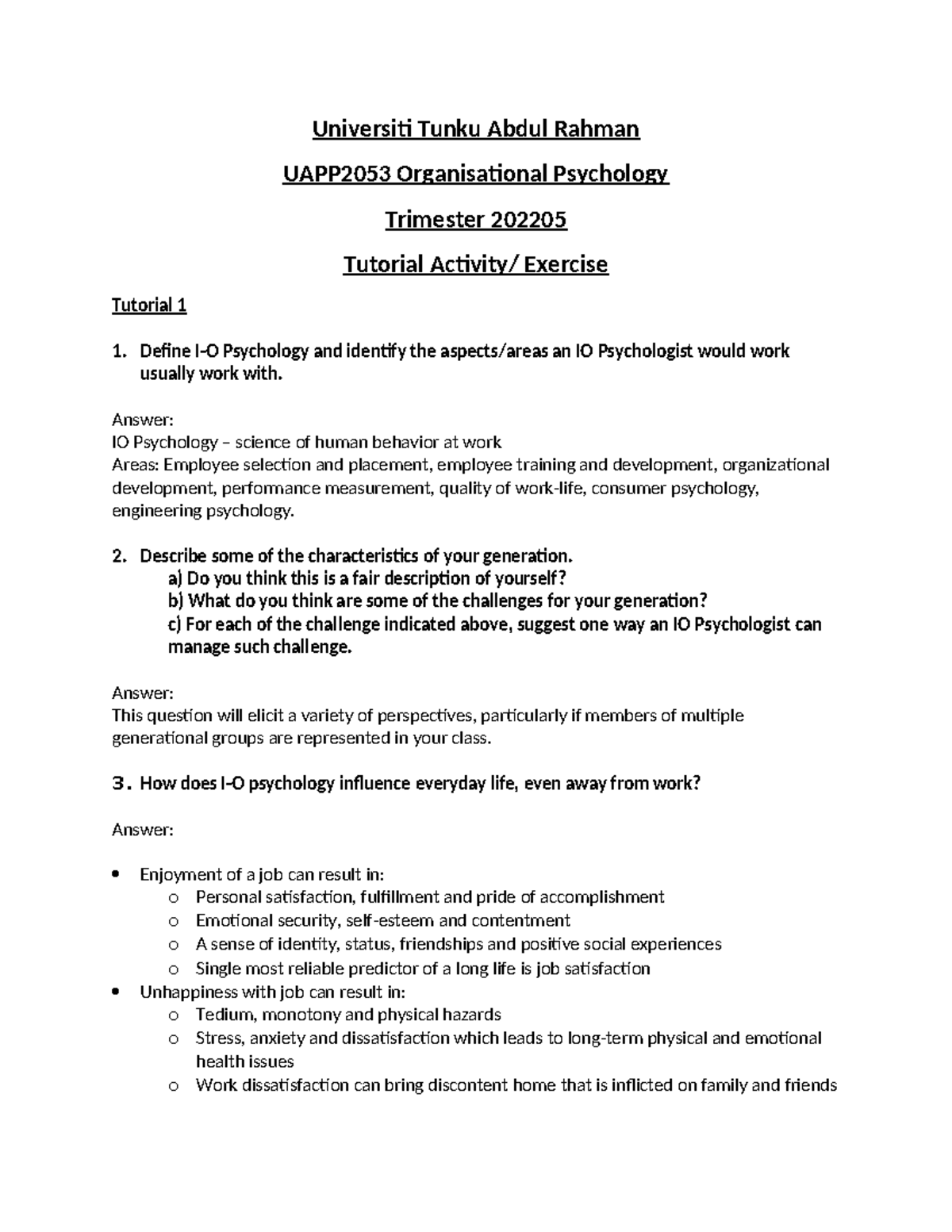 UAPP2053 Tutorial 1 - 202205- Answers - Universiti Tunku Abdul Rahman UAPP2053 Organisational ...