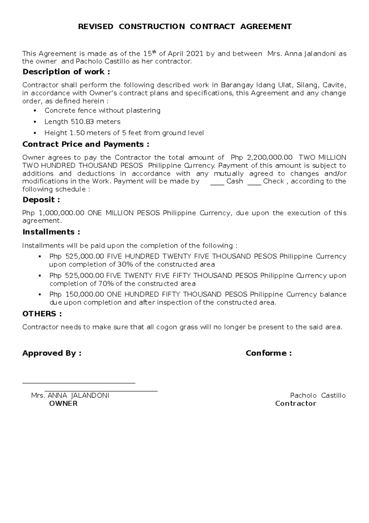 Revised Construction Contract Agreement 2 - REVISED CONSTRUCTION ...