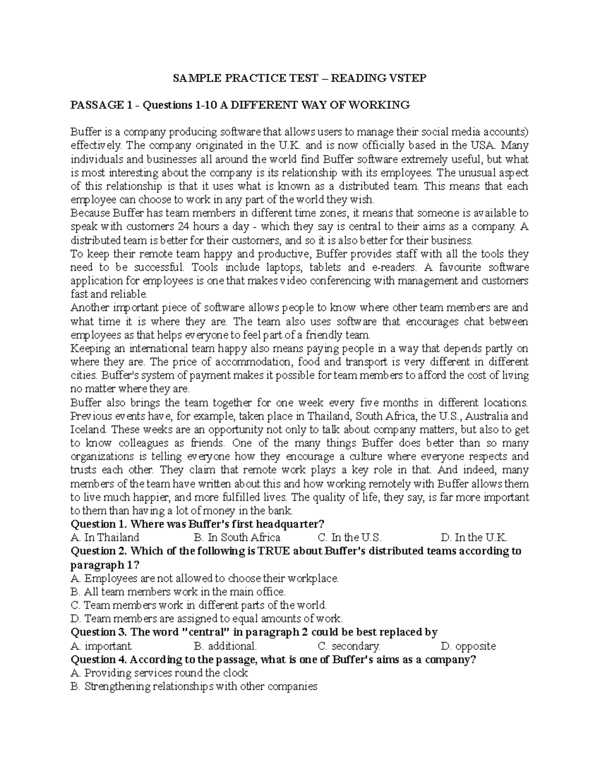 IN 1 - Vstep - Reading Sample - SAMPLE PRACTICE TEST – READING VSTEP ...