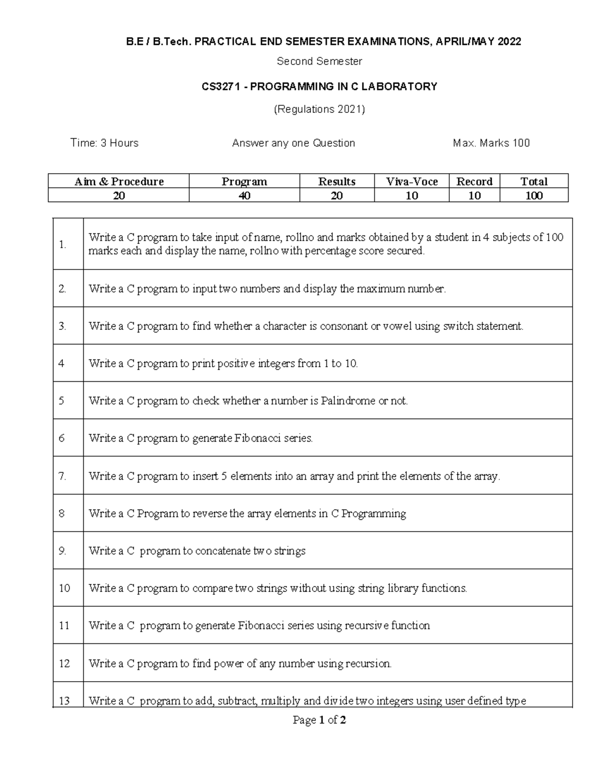 CS3271 SET1 - Lab Questions - B / B. PRACTICAL END SEMESTER EXAMINATIONS, APRIL/MAY 2022 Second ...