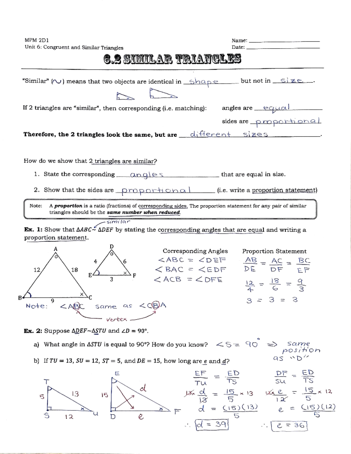 6.2 Similar Triangles - Filled - MPM 2D Unit 6: Congruent and Similar ...
