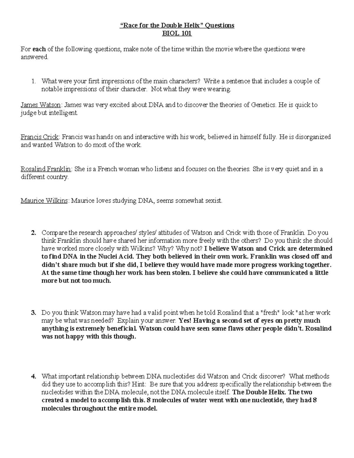 Race for the Double Helix Questions - “Race for the Double Helix ...