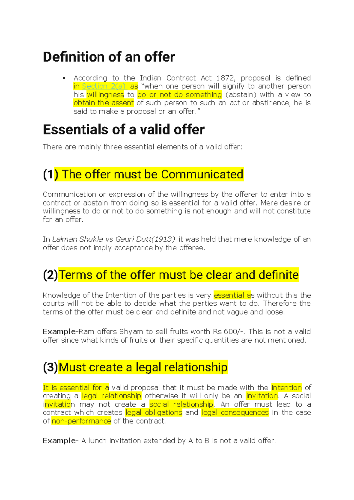 Offer and Acceptance - lecture notes - Definition of an offer According ...