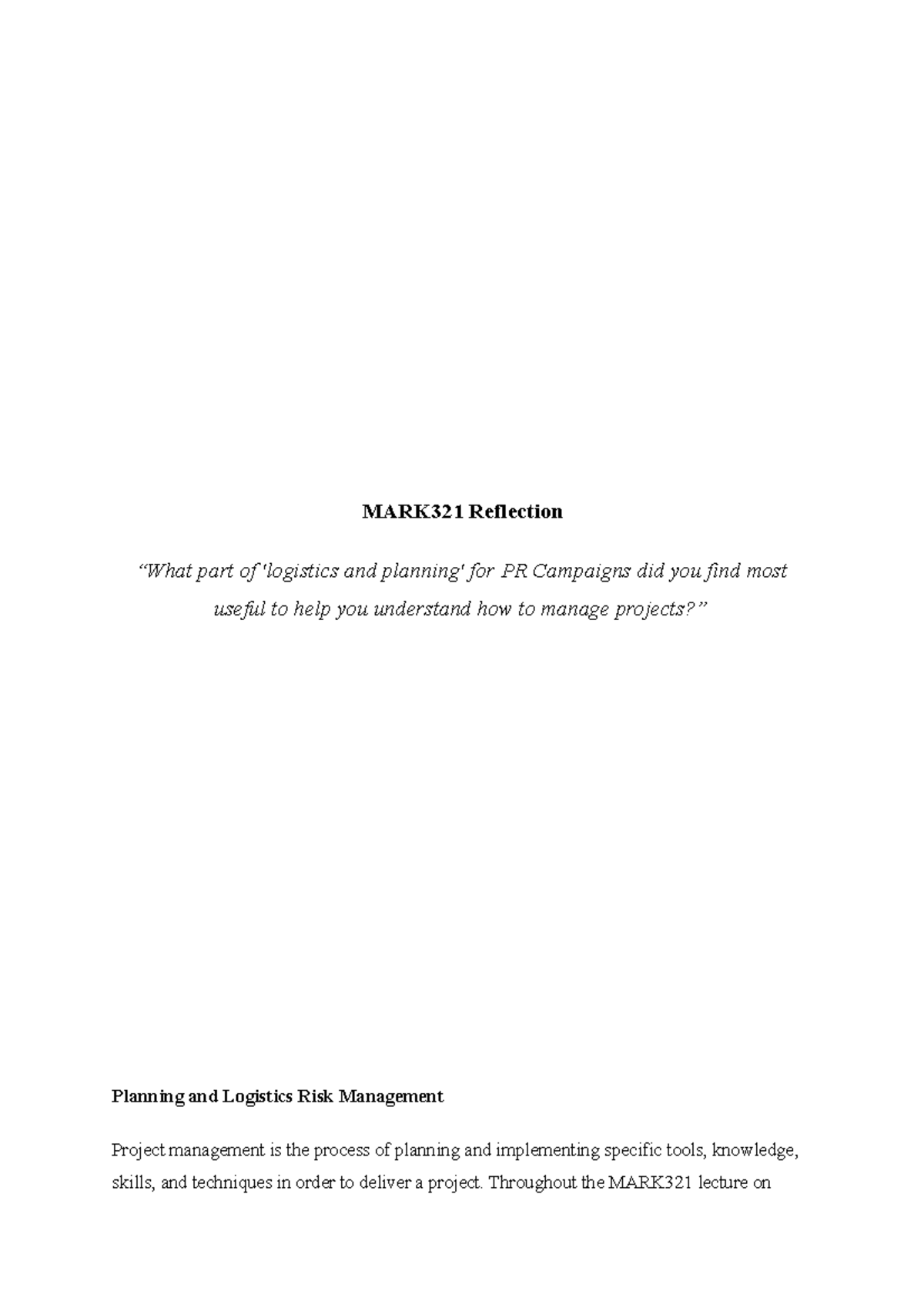 MARK321 Reflection 1 - Detailed lecture notes with in-depth examples ...