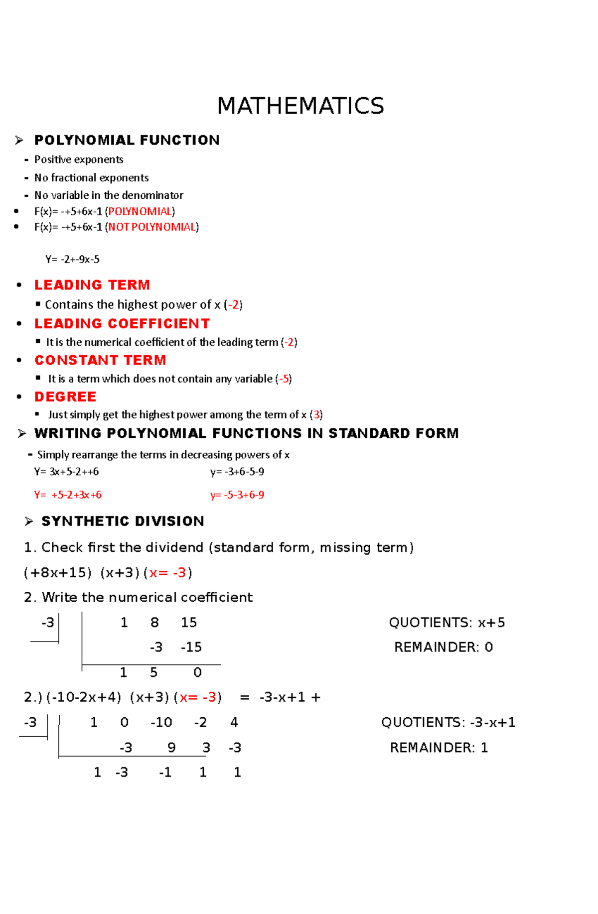 Reviewer-Q2 - practice questions - MATHEMATICS ####### POLYNOMIAL ...