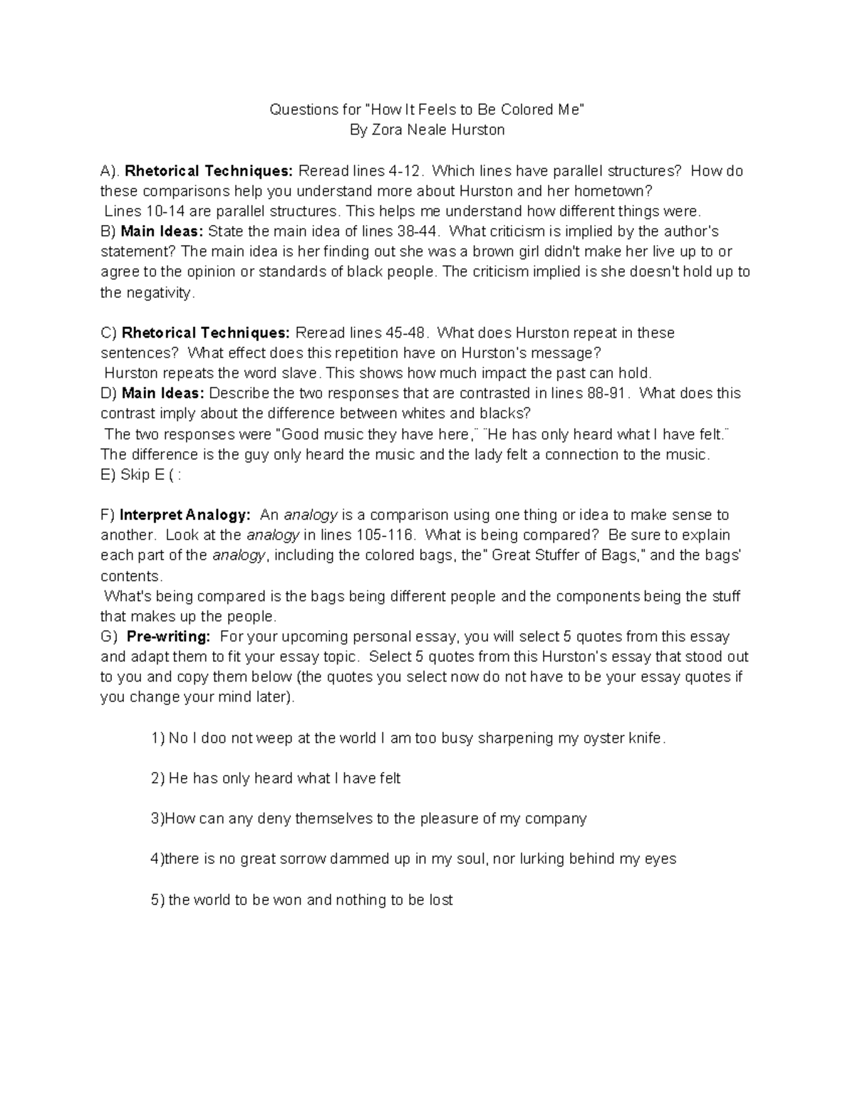 Copy of Questions for “How It Feels to Be Colored Me” - Questions for ...