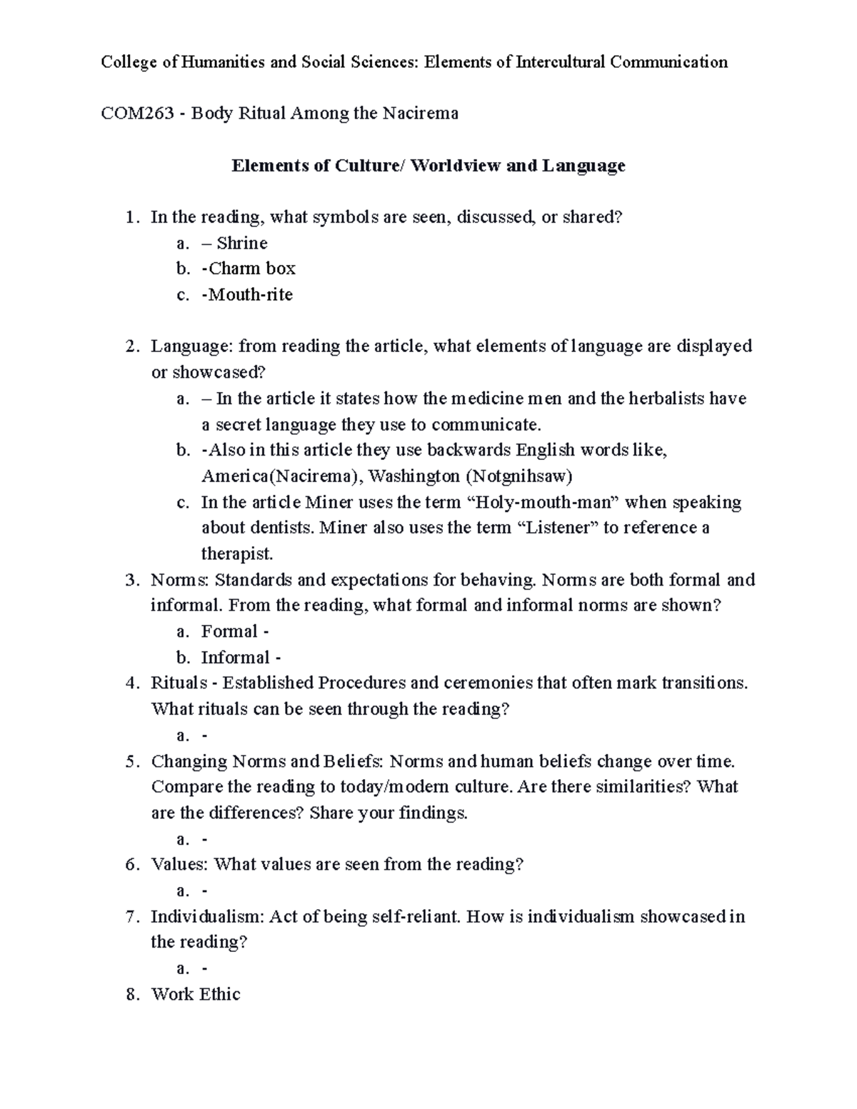 Nacirema Article Worksheet - College of Humanities and Social Sciences ...