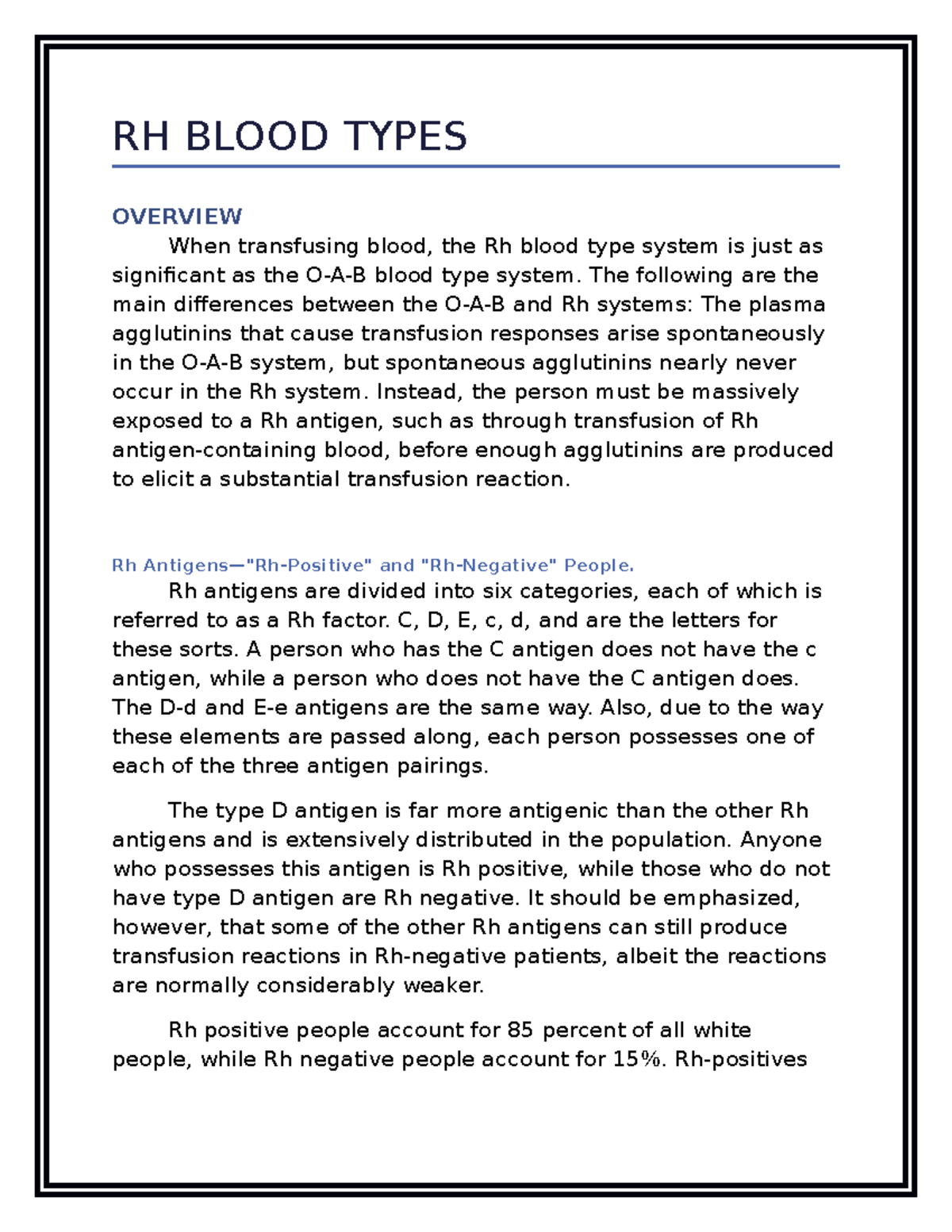 AN Overview OF THE RH Blood Types - RH BLOOD TYPES OVERVIEW When ...